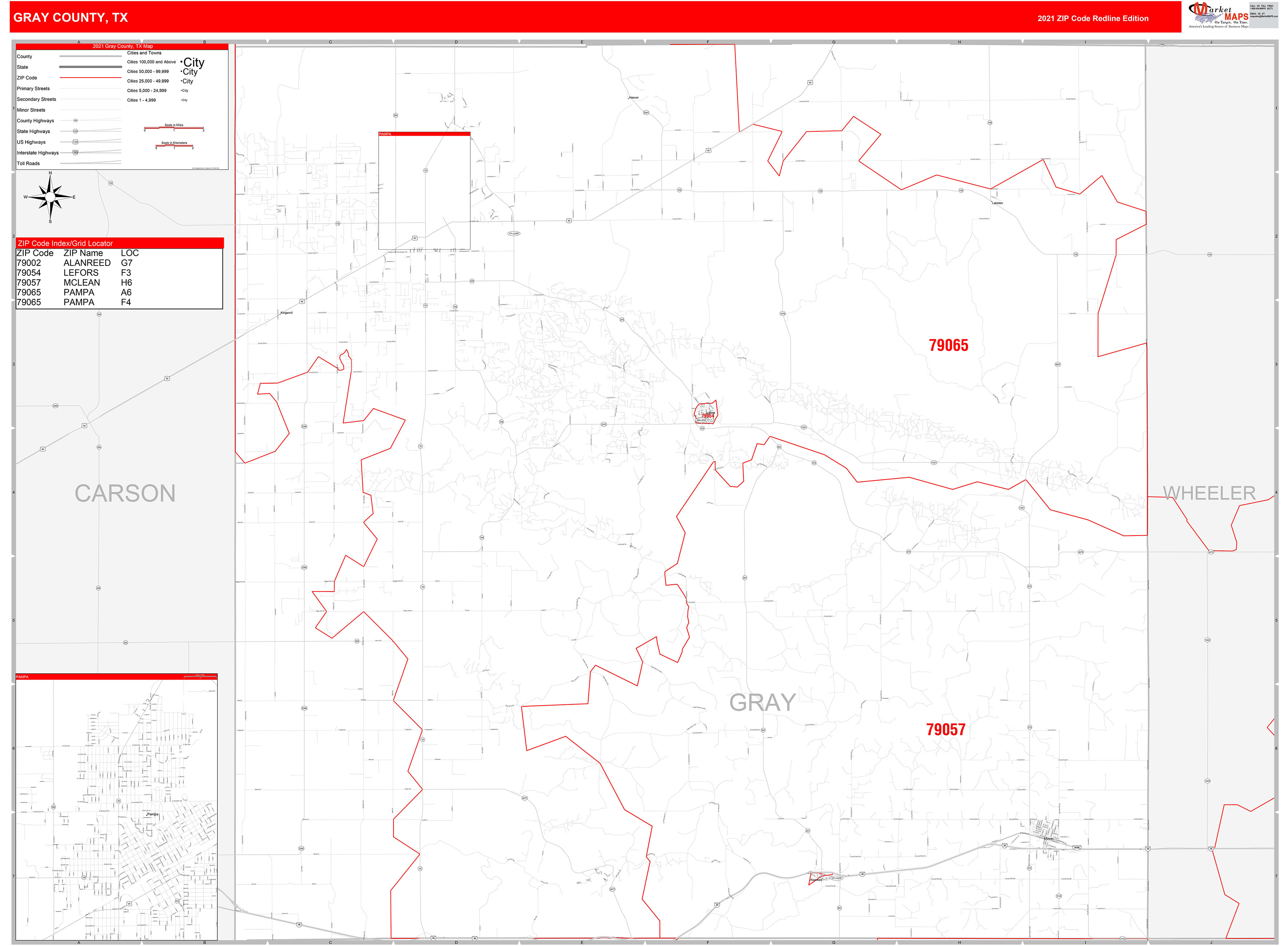 Gray County, TX Zip Code Wall Map Red Line Style by MarketMAPS