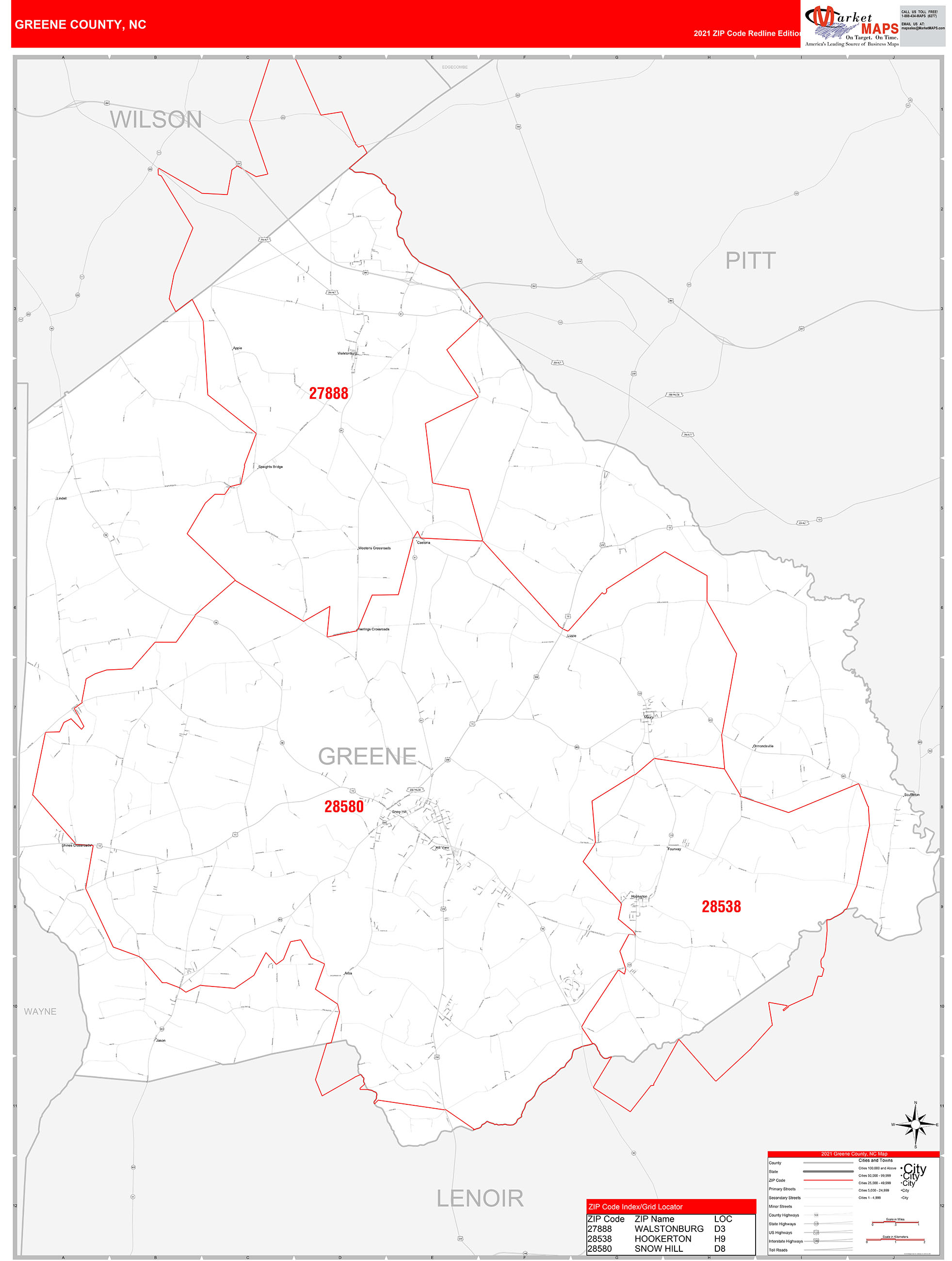 Greene County, NC Zip Code Wall Map Red Line Style by MarketMAPS