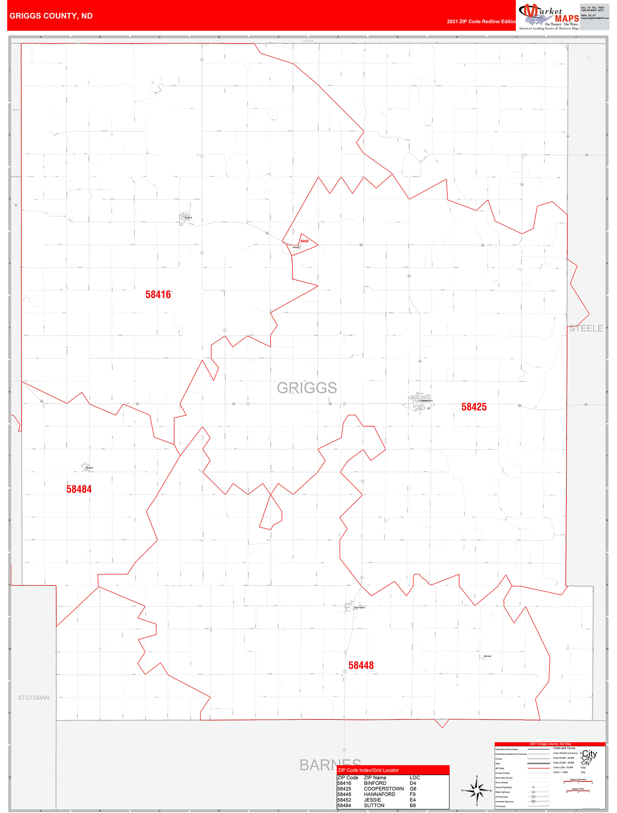 Griggs County, ND Zip Code Wall Map Red Line Style by MarketMAPS ...