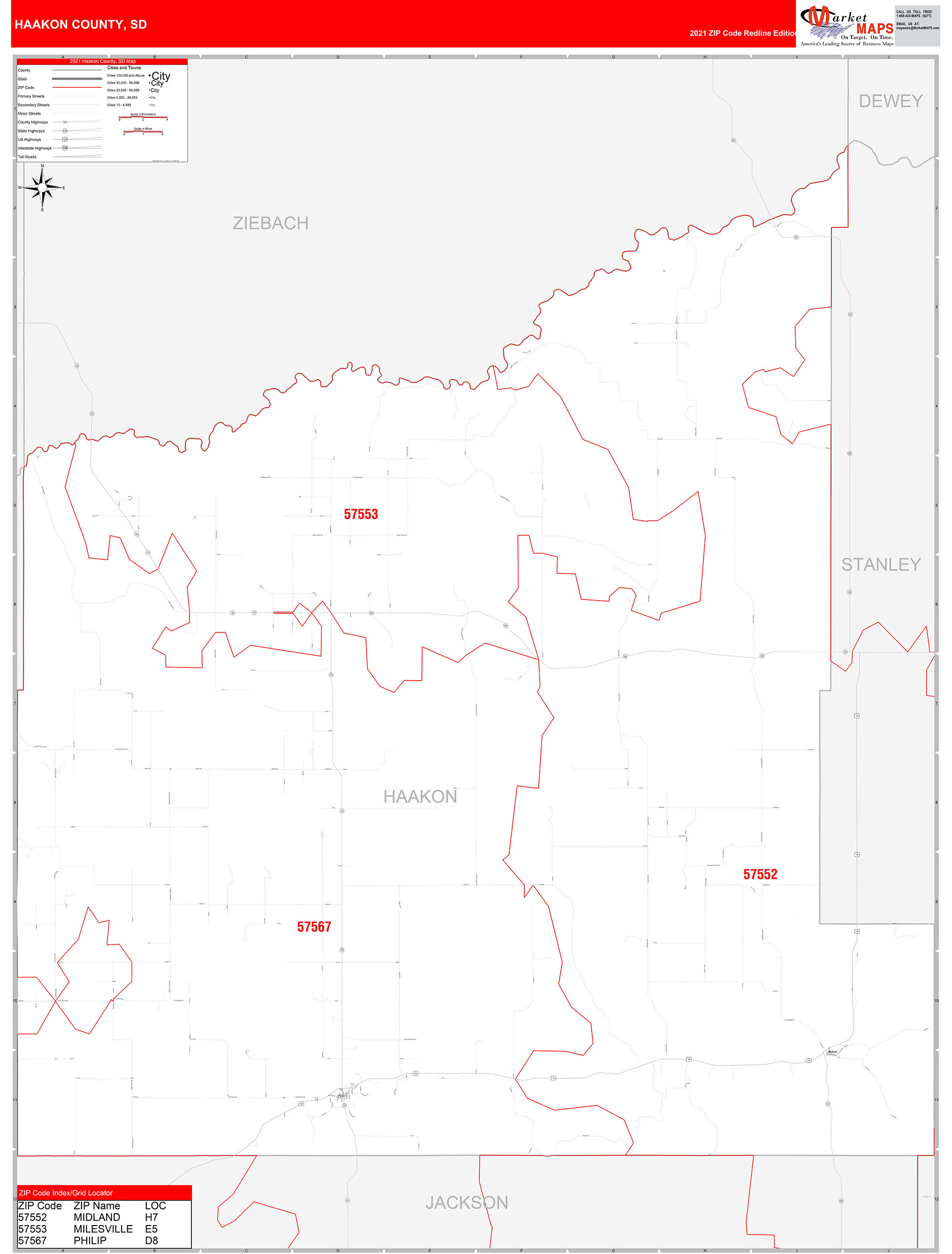 Haakon County, SD Zip Code Wall Map Red Line Style by MarketMAPS