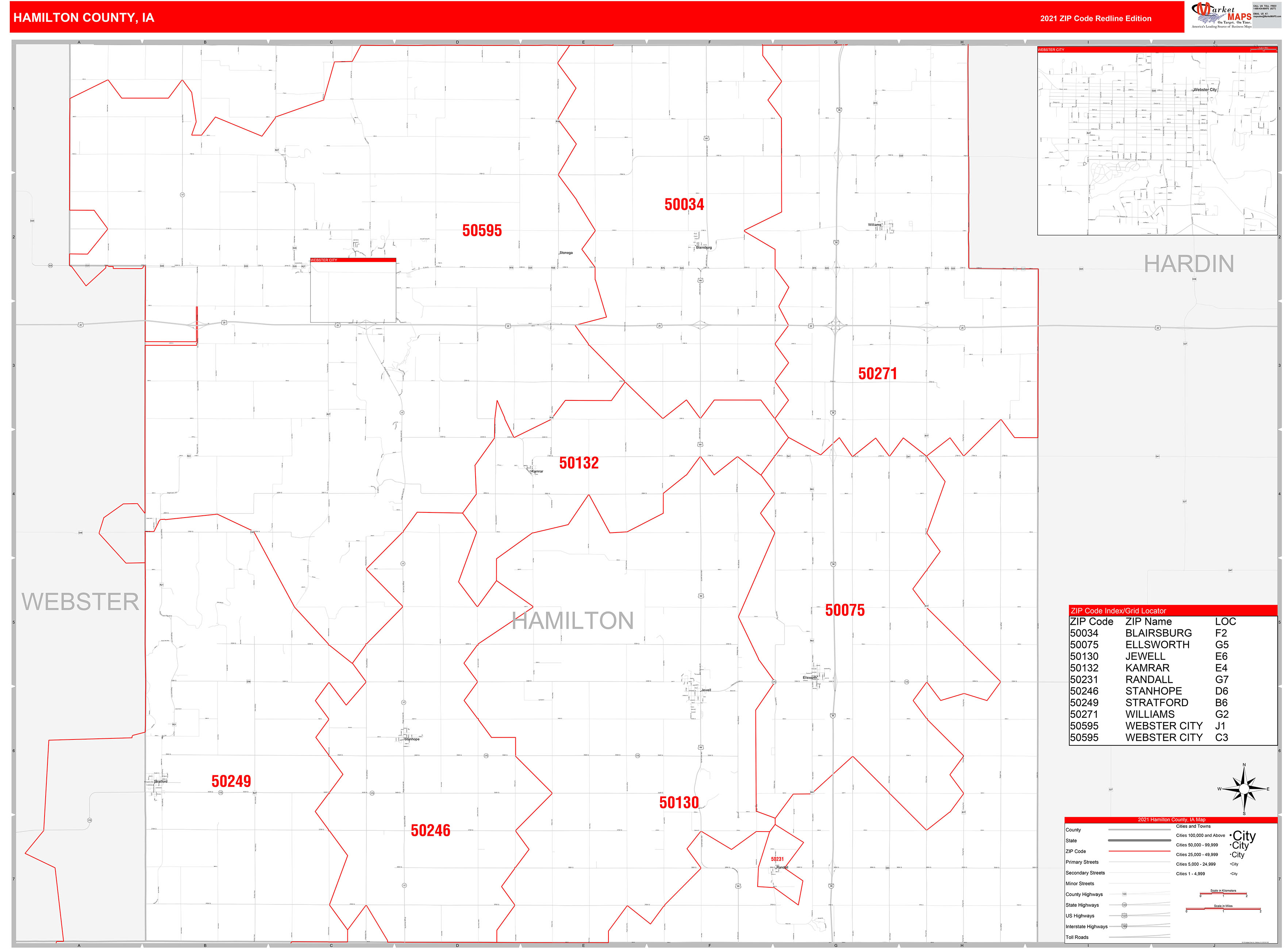 Hamilton County, IA Zip Code Wall Map Red Line Style by MarketMAPS ...