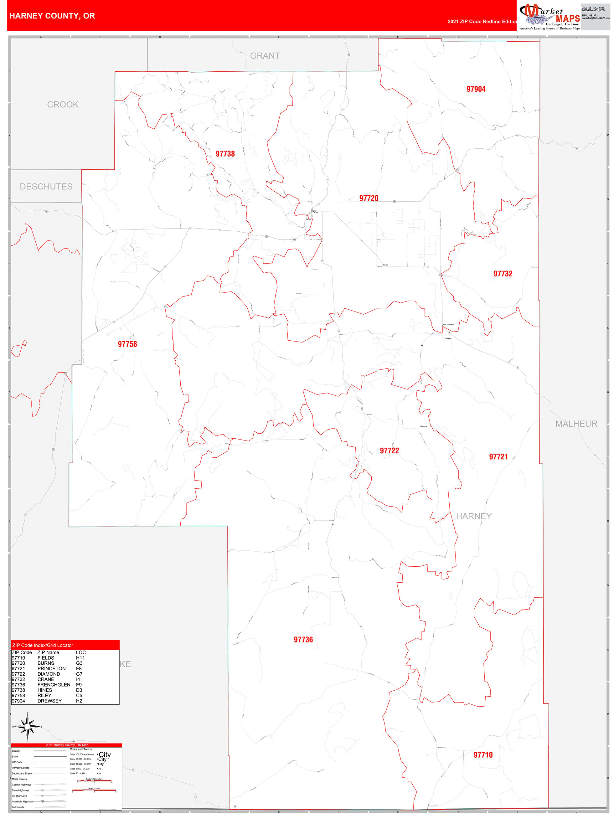 Harney County, OR Zip Code Wall Map Red Line Style by MarketMAPS - MapSales