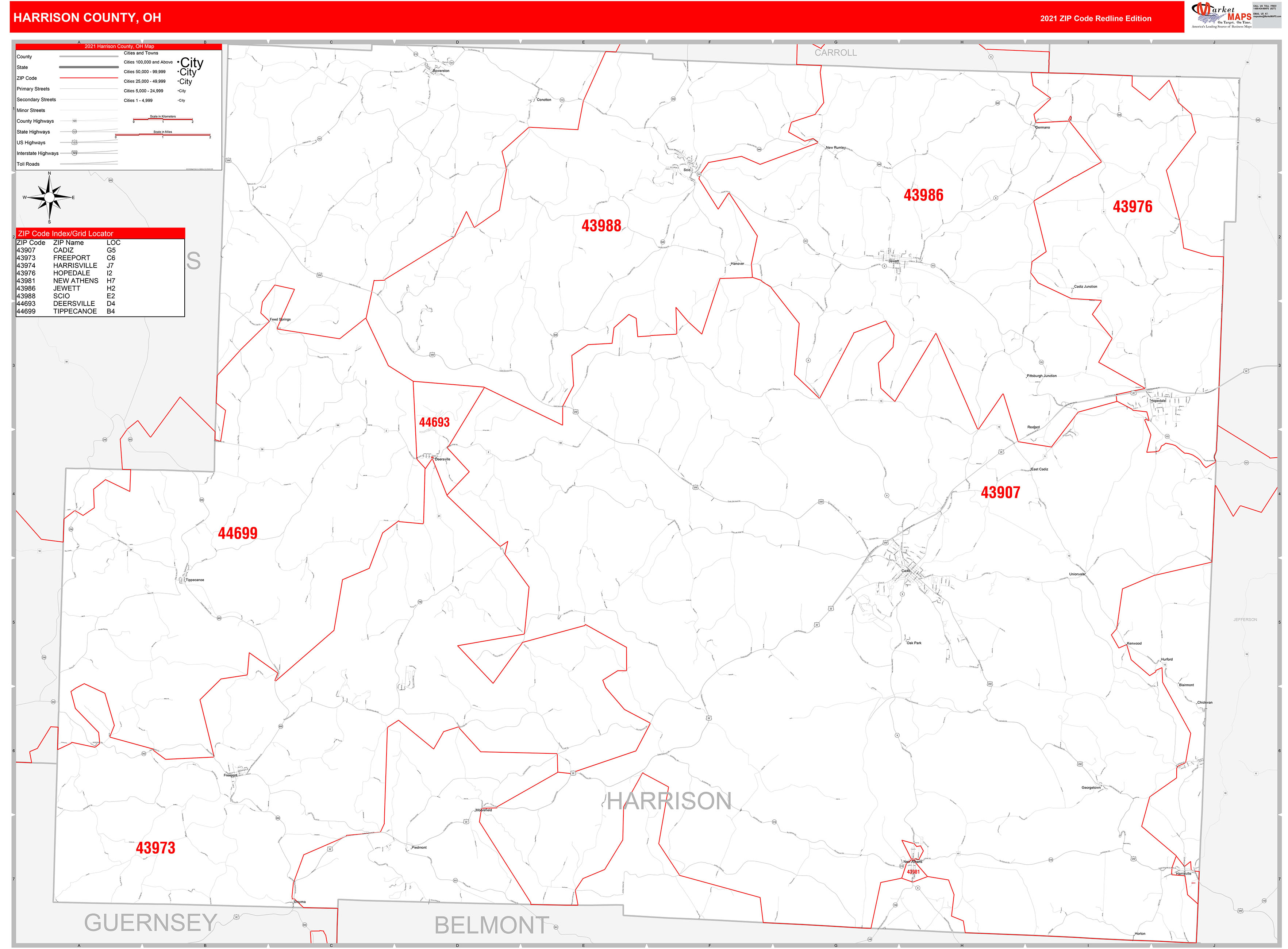 Harrison County Oh Zip Code Wall Map Red Line Style By Marketmaps Mapsales