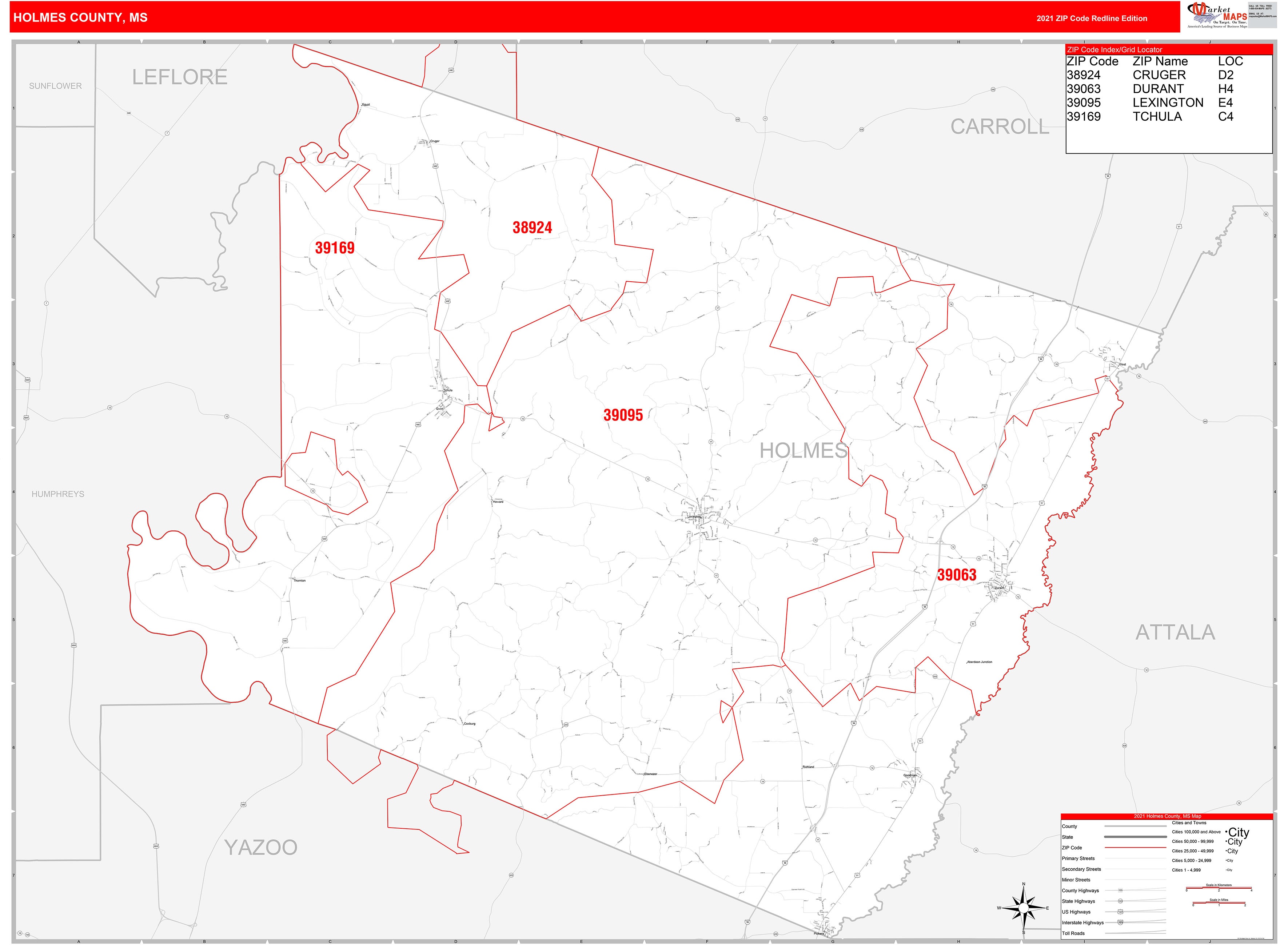 Holmes County Ms Zip Code Wall Map Red Line Style By Marketmaps