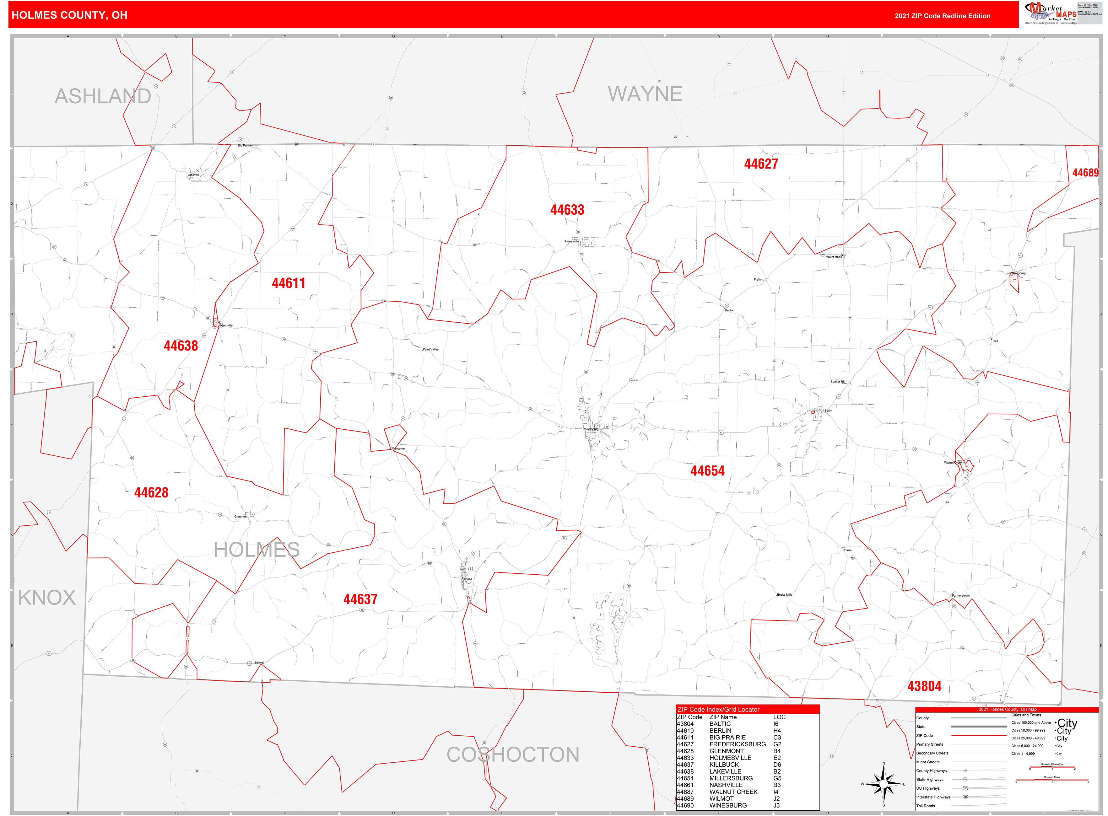 Holmes County Oh Zip Code Wall Map Red Line Style By Marketmaps