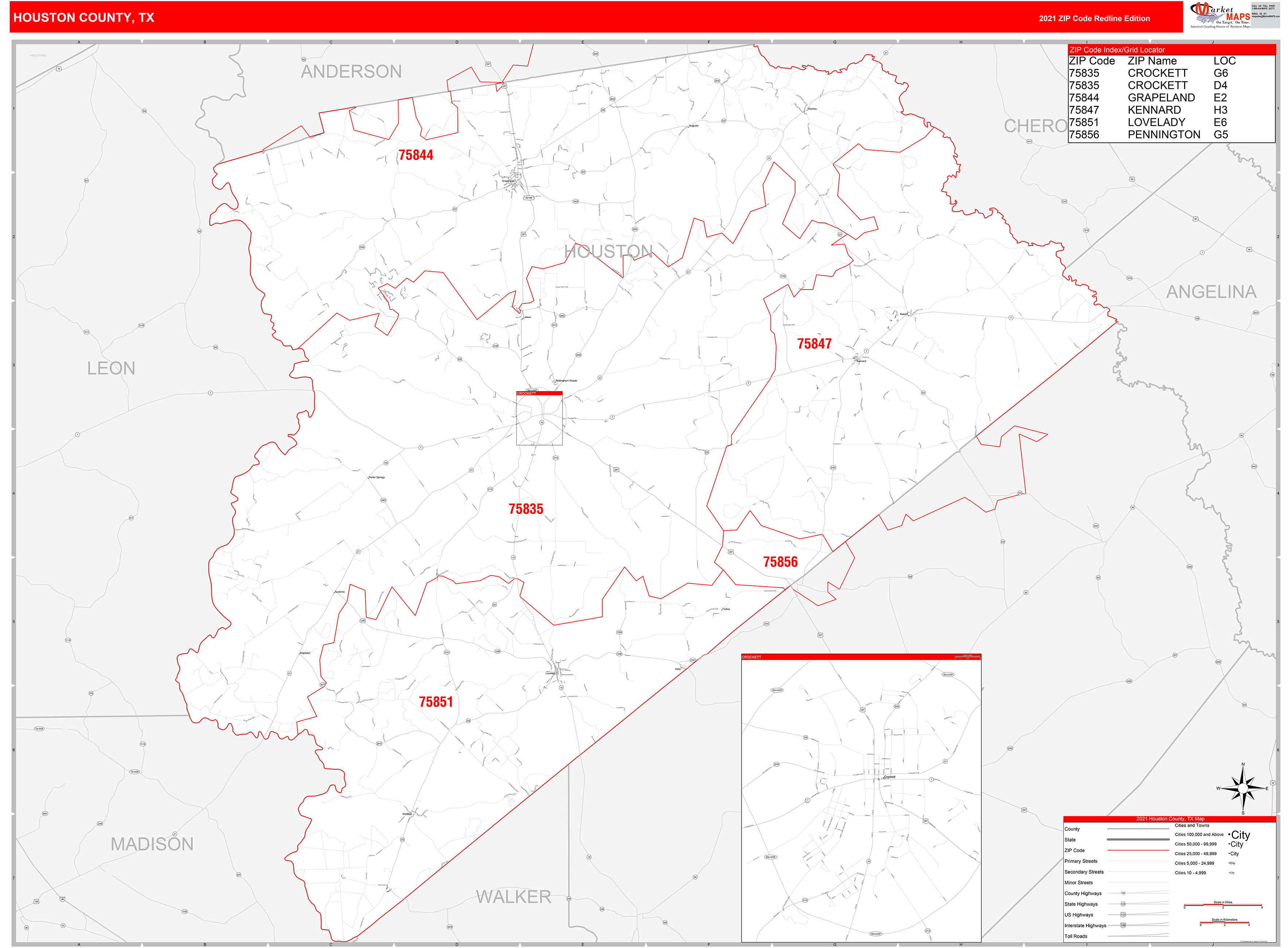 Houston County, TX Zip Code Wall Map Red Line Style by MarketMAPS ...