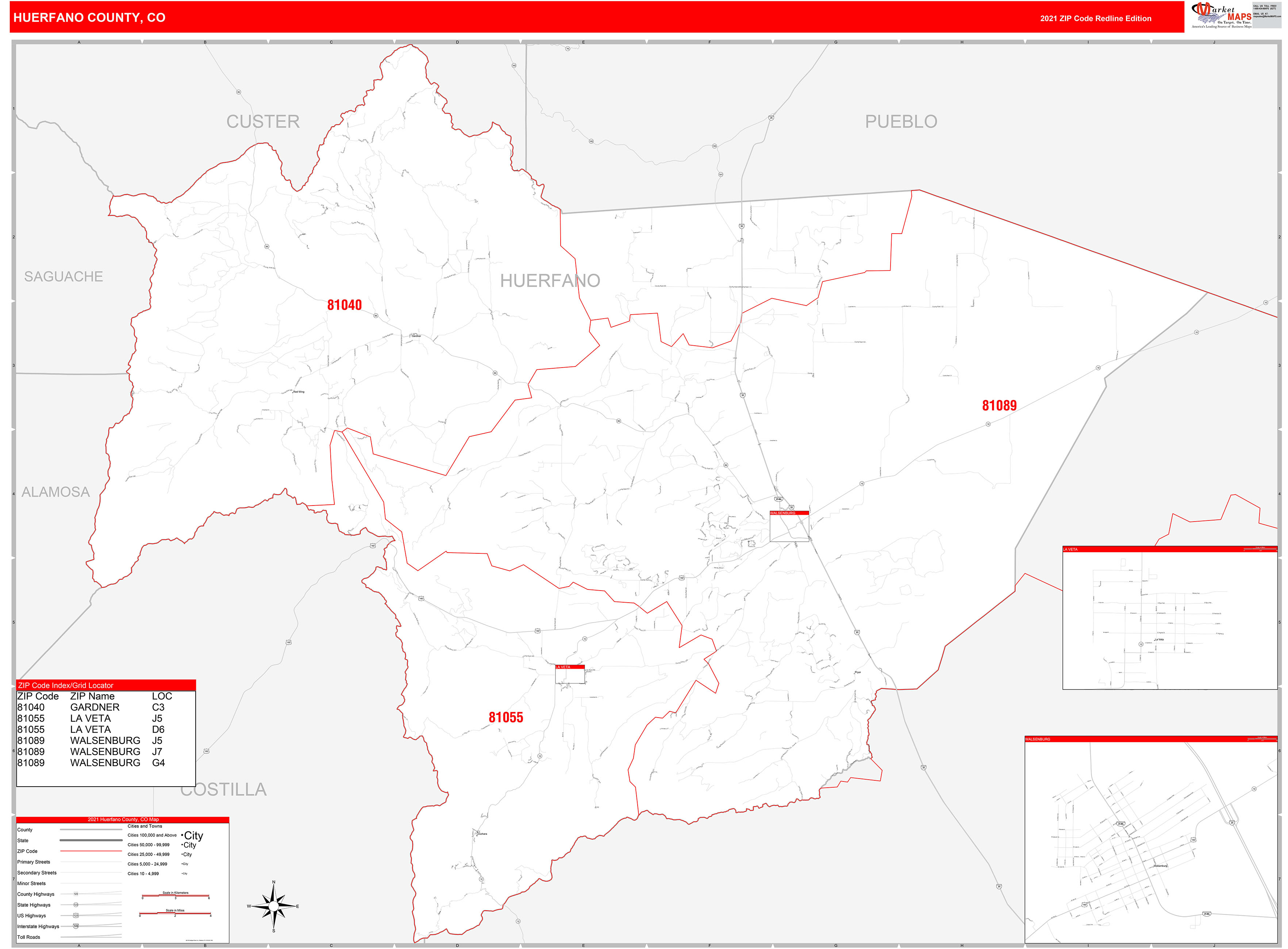 Huerfano County, CO Zip Code Wall Map Red Line Style by MarketMAPS
