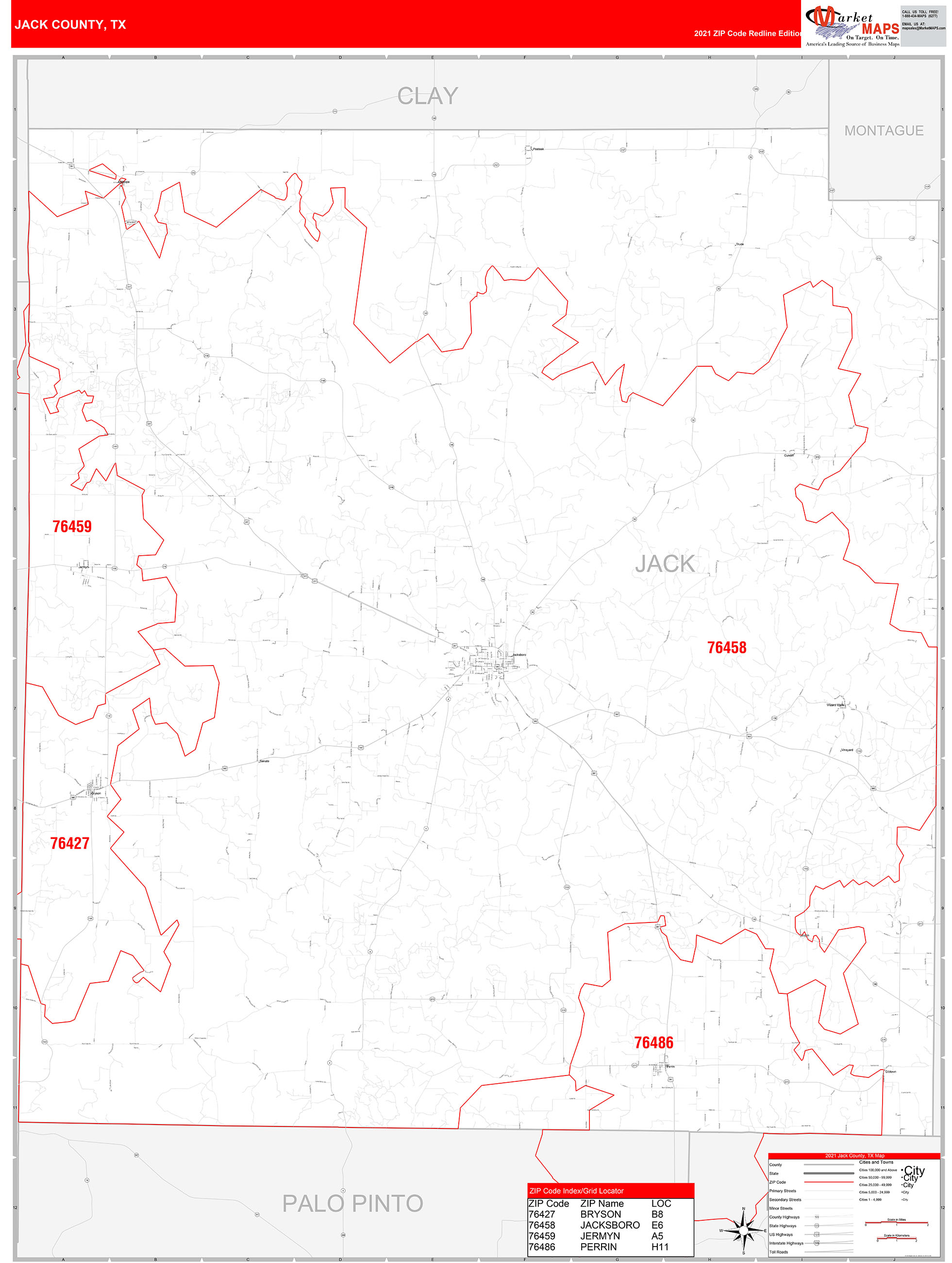 Jack County, TX Zip Code Wall Map Red Line Style by MarketMAPS ...