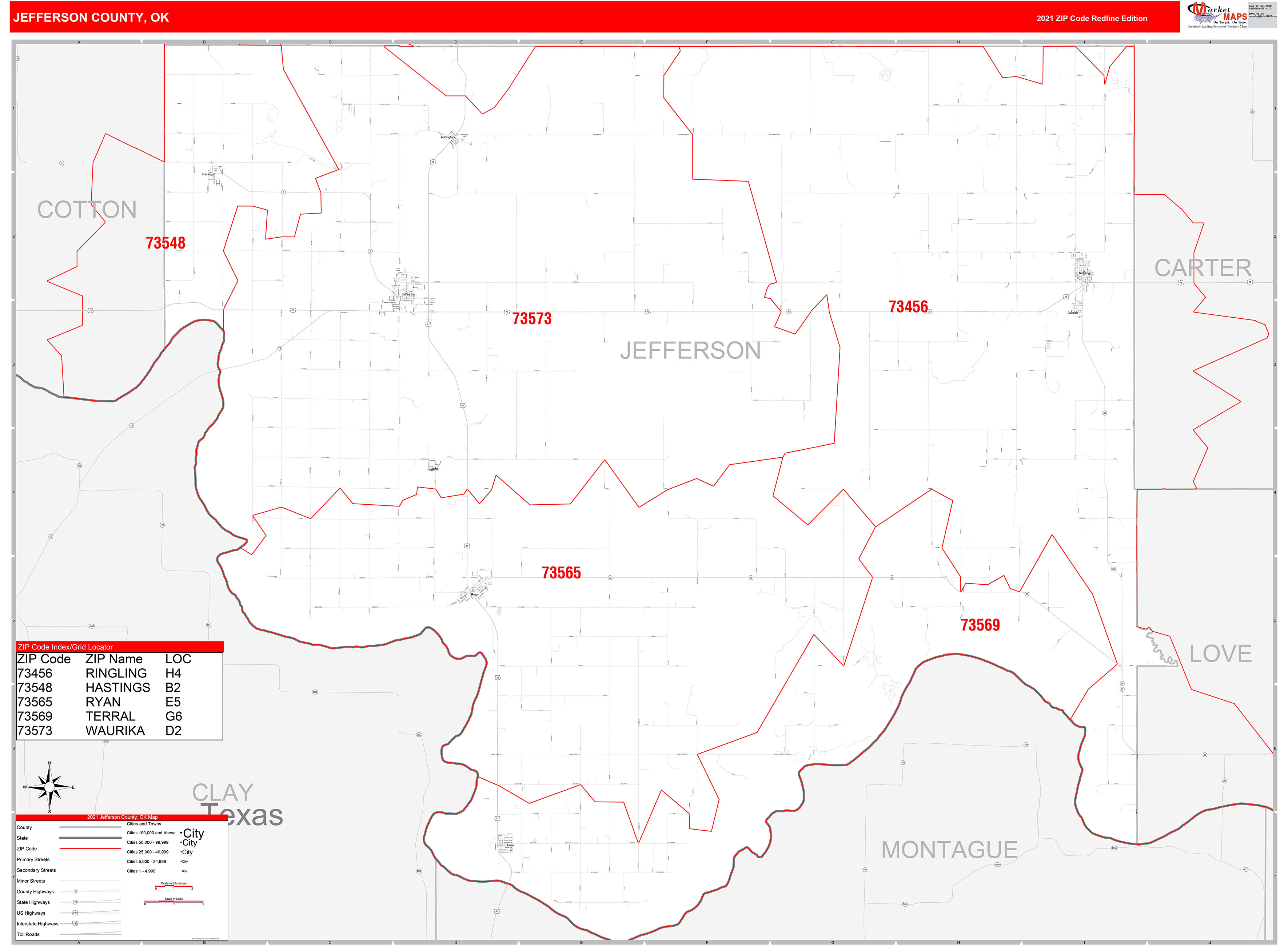 Jefferson County, OK Zip Code Wall Map Red Line Style by MarketMAPS ...