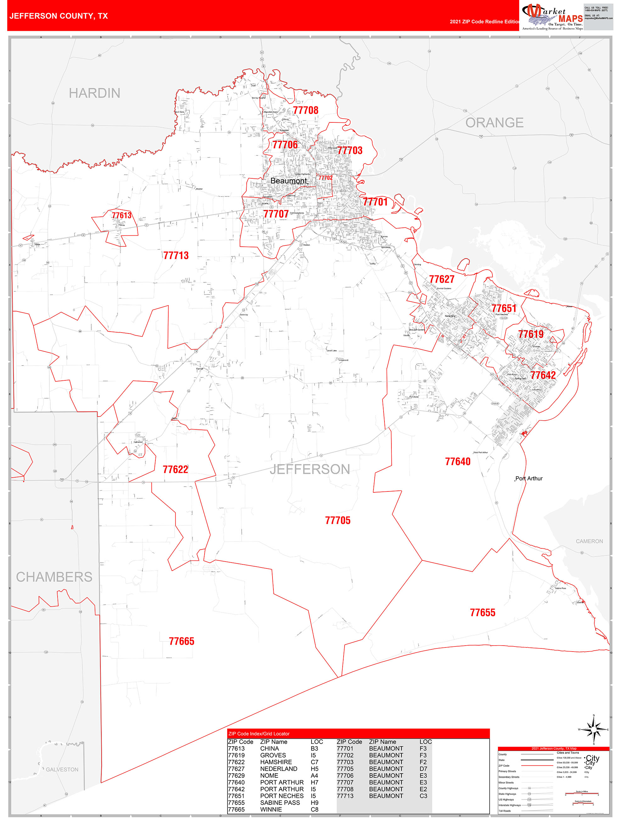 Jefferson County, TX Zip Code Wall Map Red Line Style by MarketMAPS ...