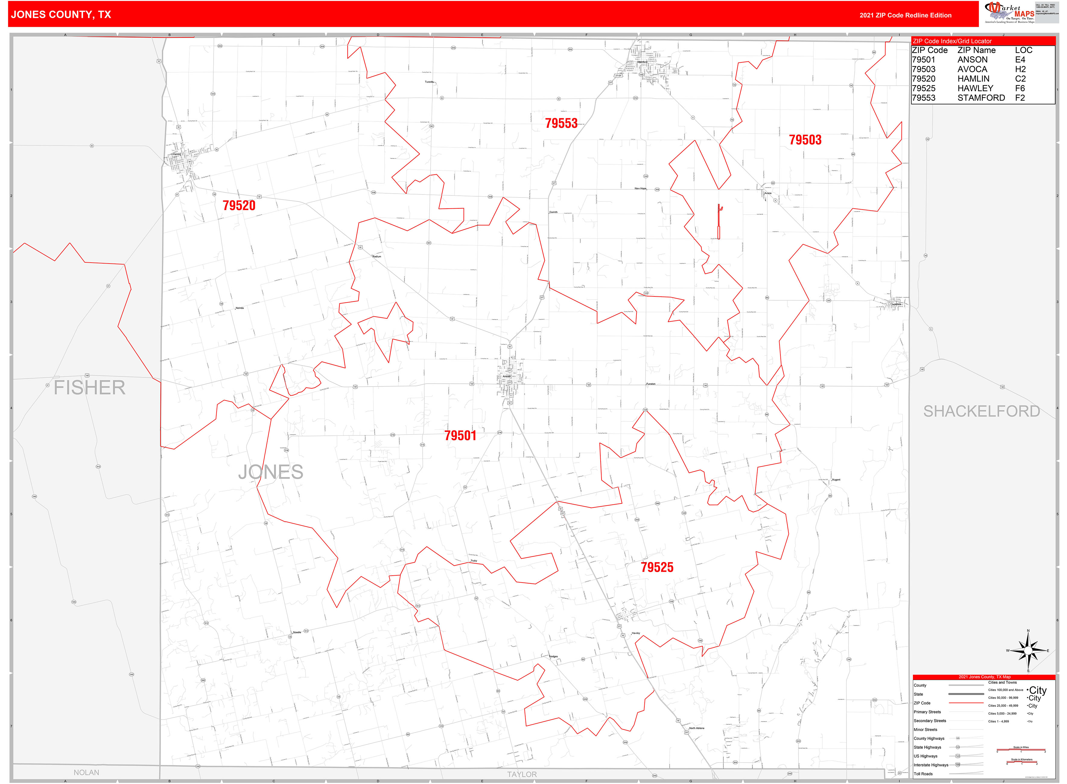 Jones County, TX Zip Code Wall Map Red Line Style by MarketMAPS - MapSales