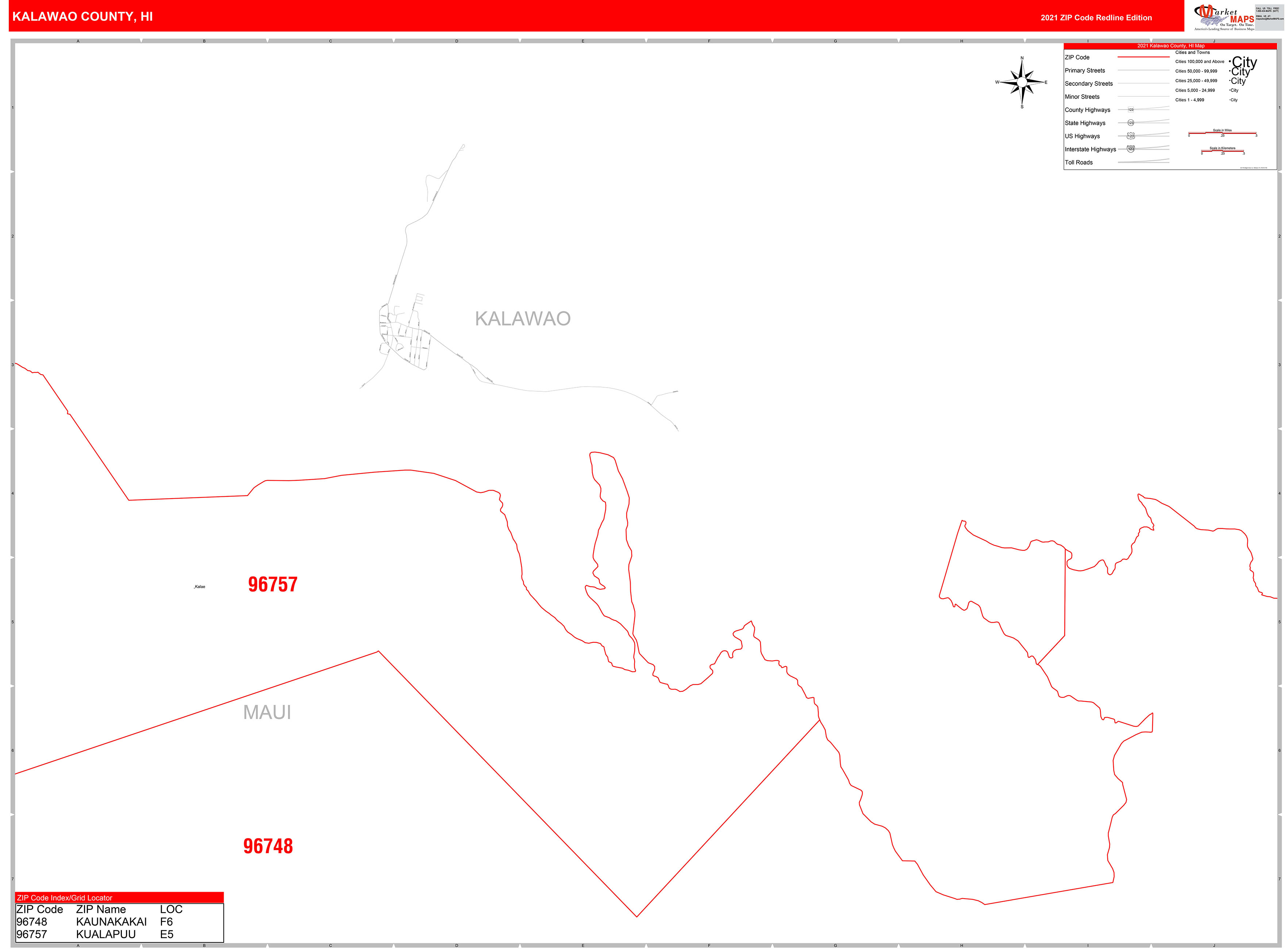 Kalawao County, HI Zip Code Wall Map Red Line Style by MarketMAPS ...