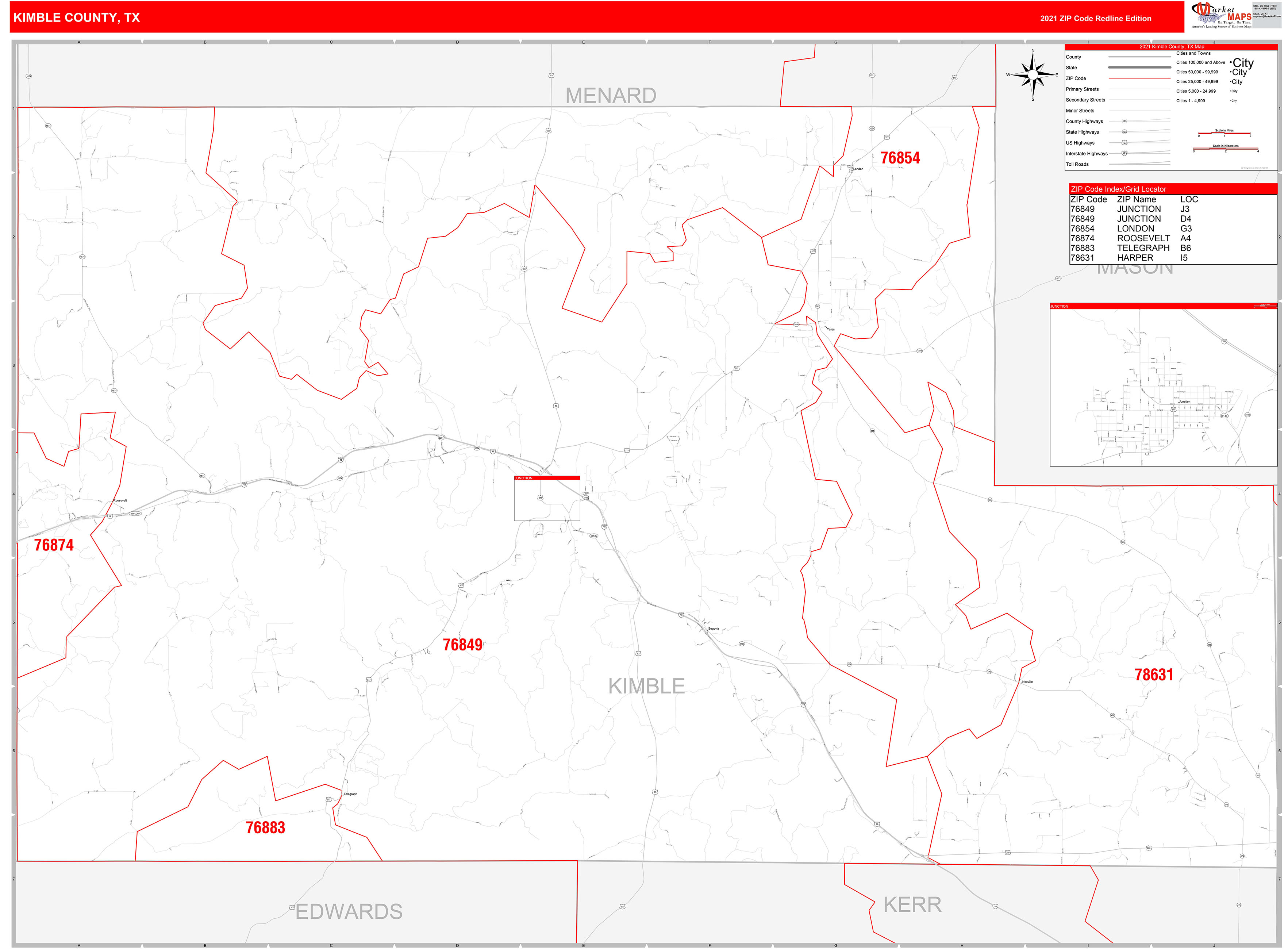 Kimble County, TX Zip Code Wall Map Red Line Style by MarketMAPS ...