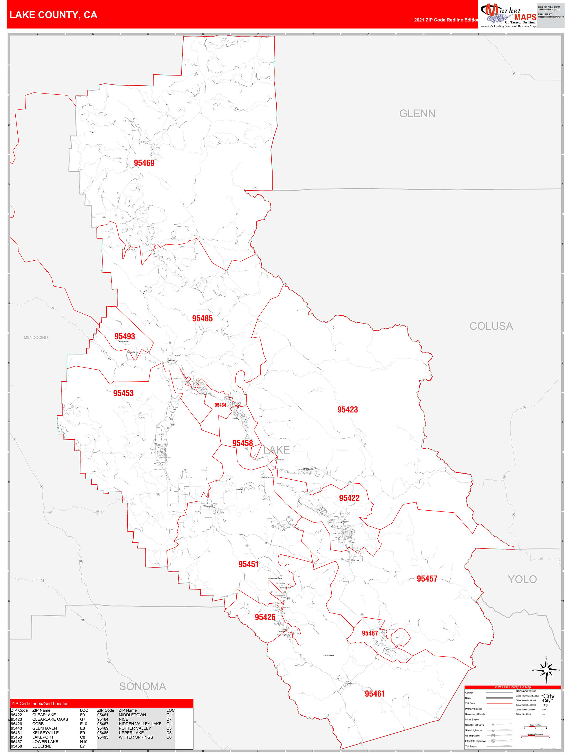 Lake County, CA Zip Code Wall Map Red Line Style by MarketMAPS - MapSales
