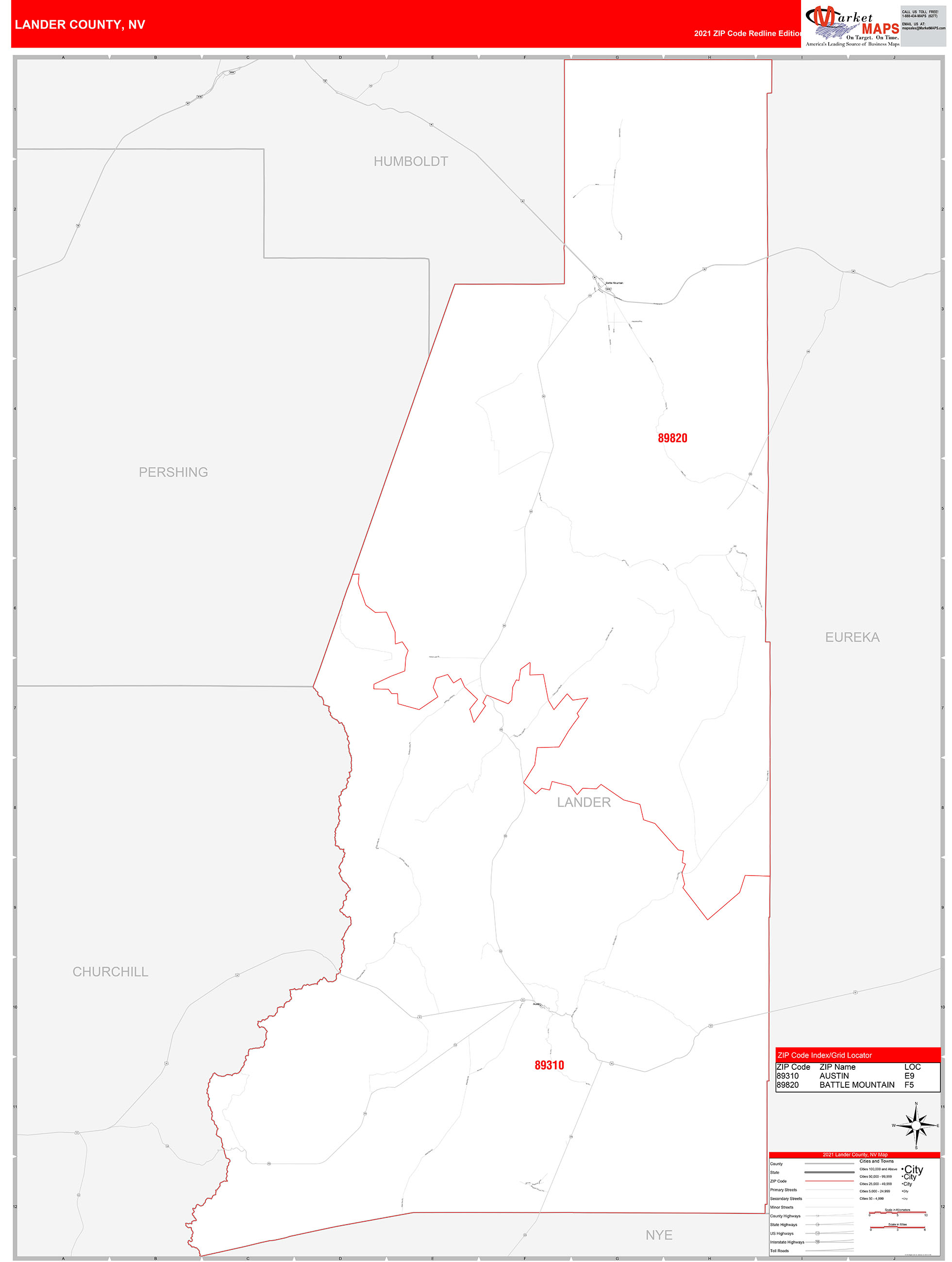 Lander County, NV Zip Code Wall Map Red Line Style by MarketMAPS ...