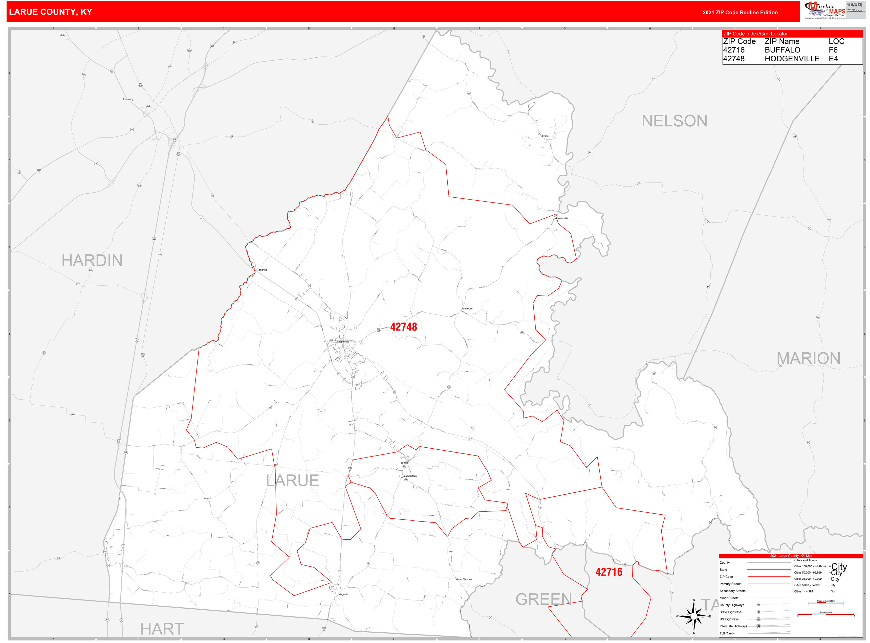 Larue County, KY Zip Code Wall Map Red Line Style by MarketMAPS
