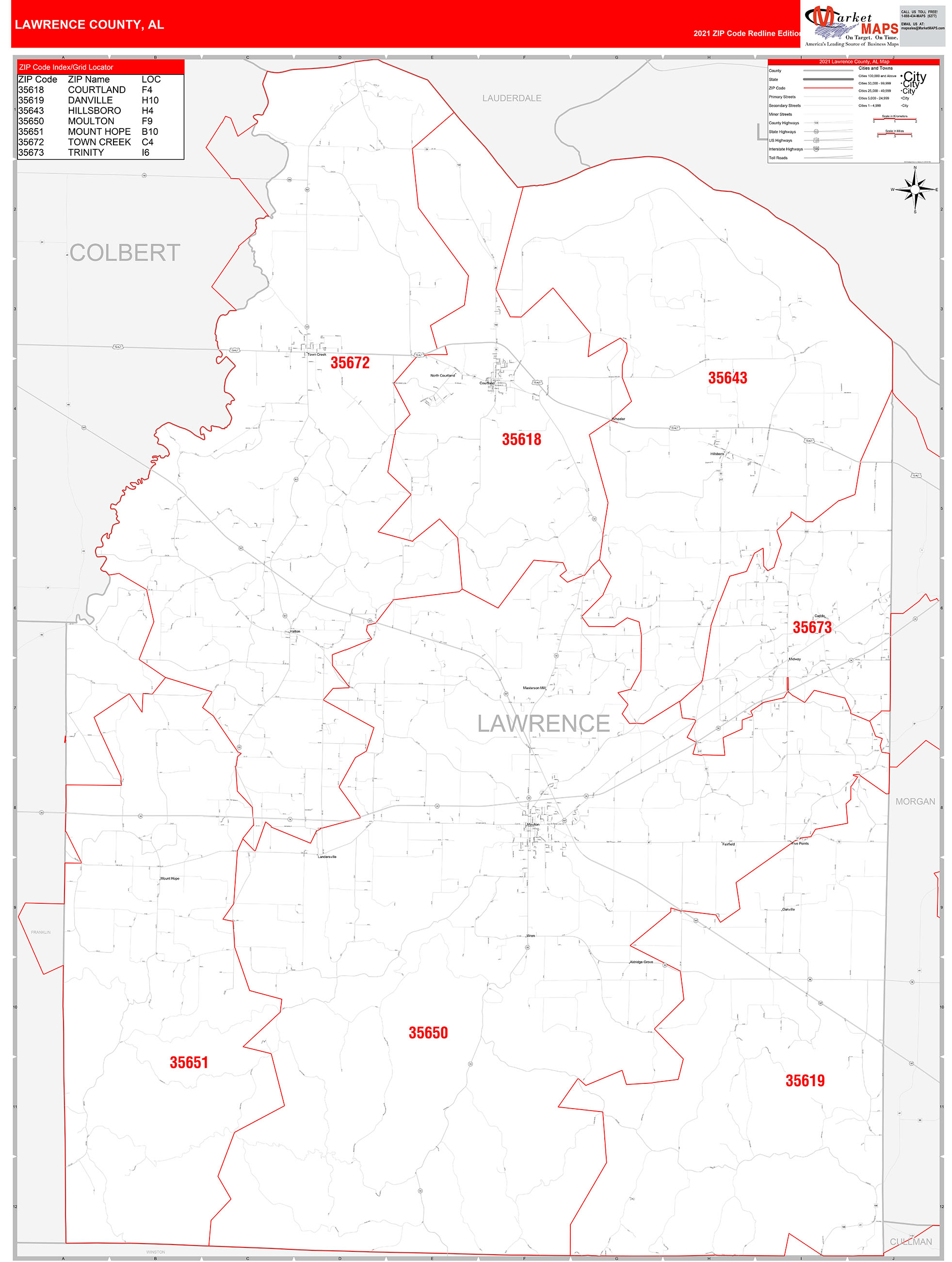 Lawrence County, AL Zip Code Wall Map Red Line Style by MarketMAPS ...
