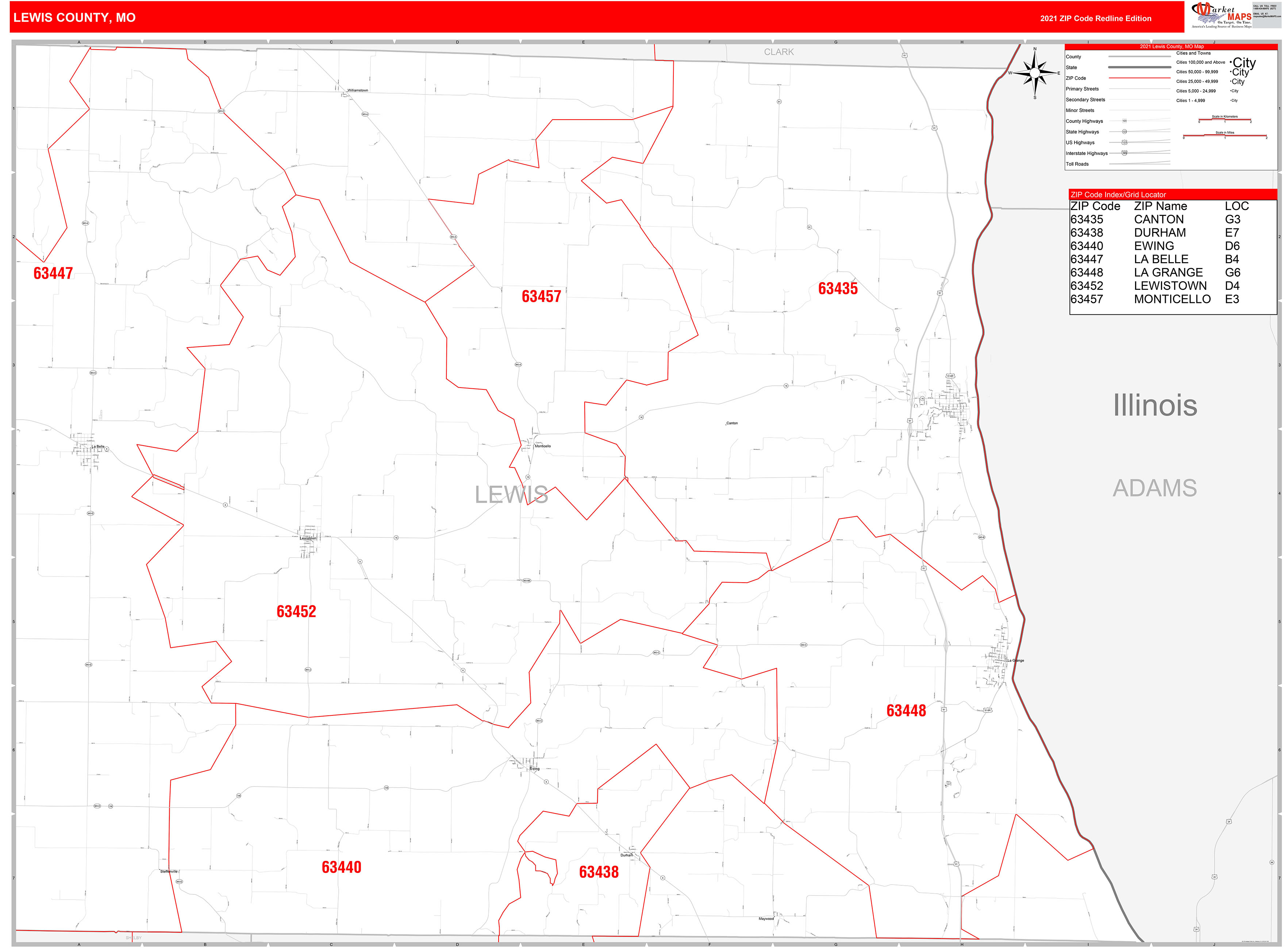 Lewis County, MO Zip Code Wall Map Red Line Style by MarketMAPS - MapSales