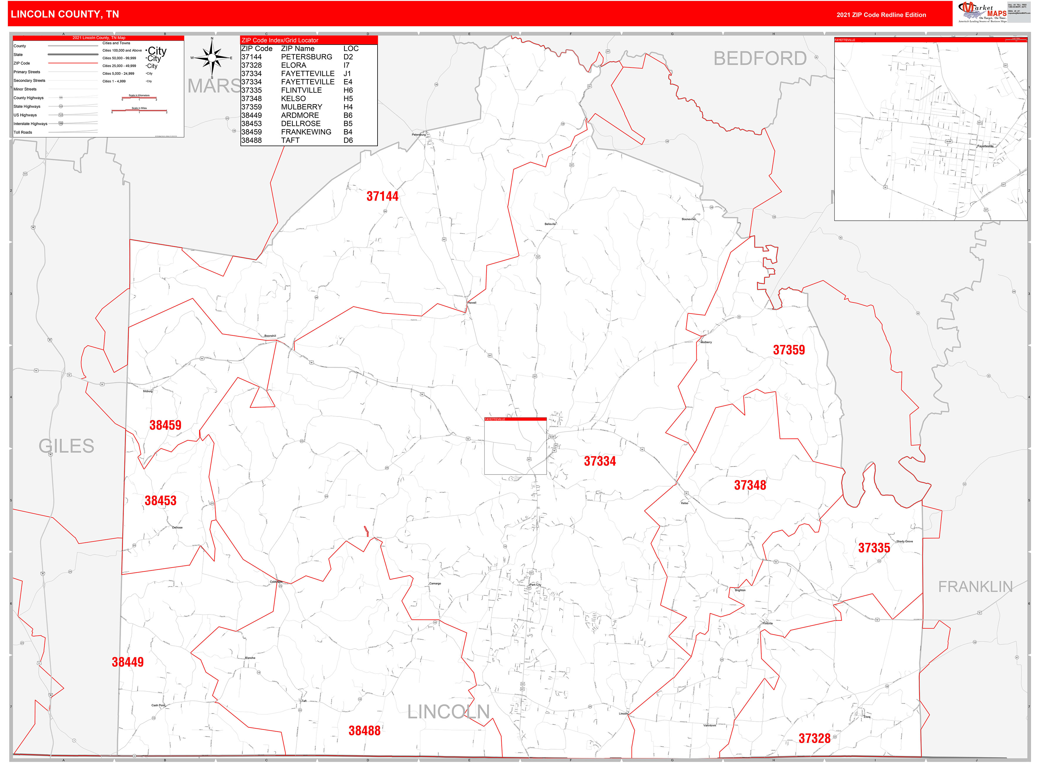 Lincoln County, TN Zip Code Wall Map Red Line Style by MarketMAPS ...