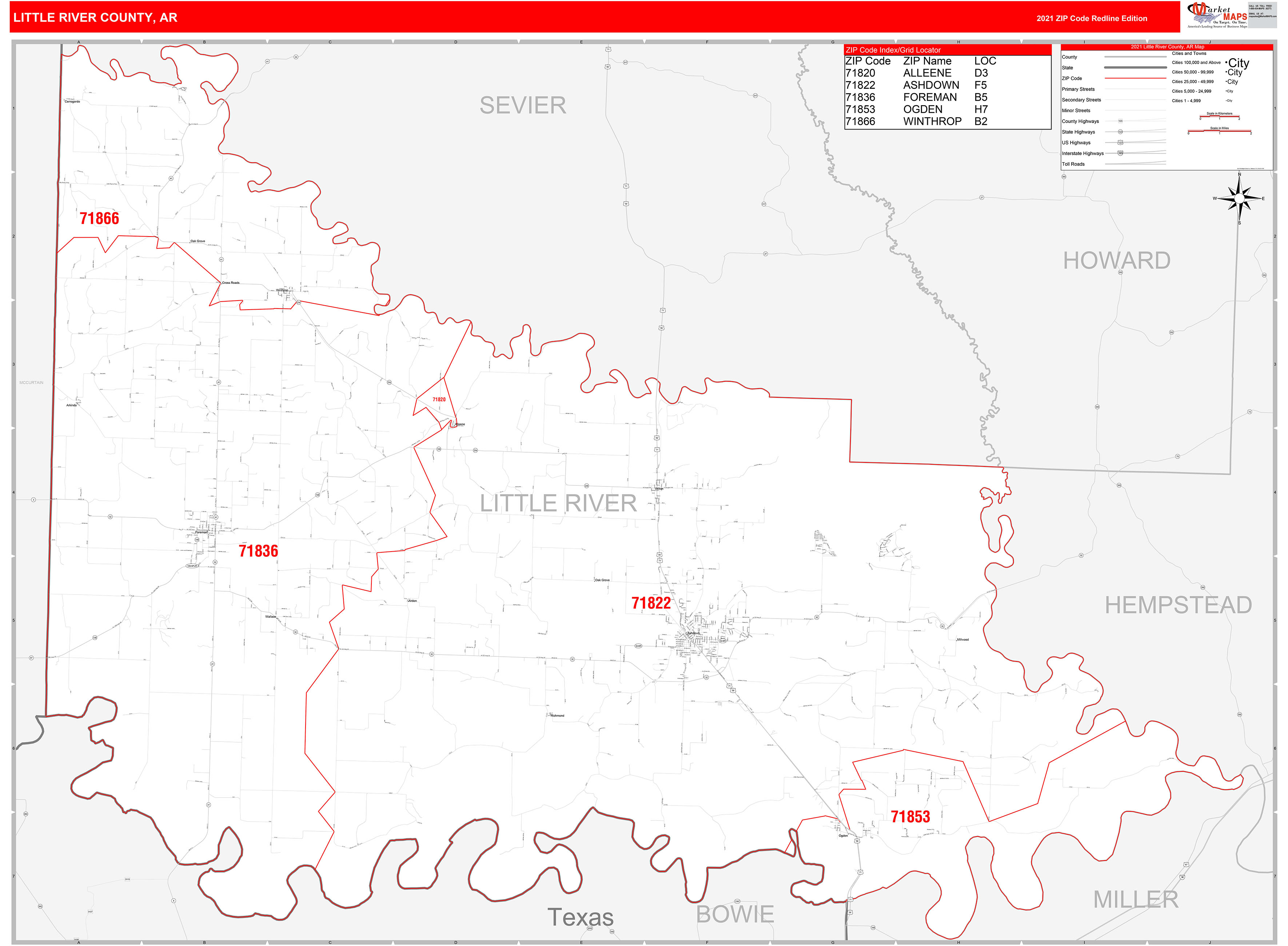 Little River County, AR Zip Code Wall Map Red Line Style by MarketMAPS