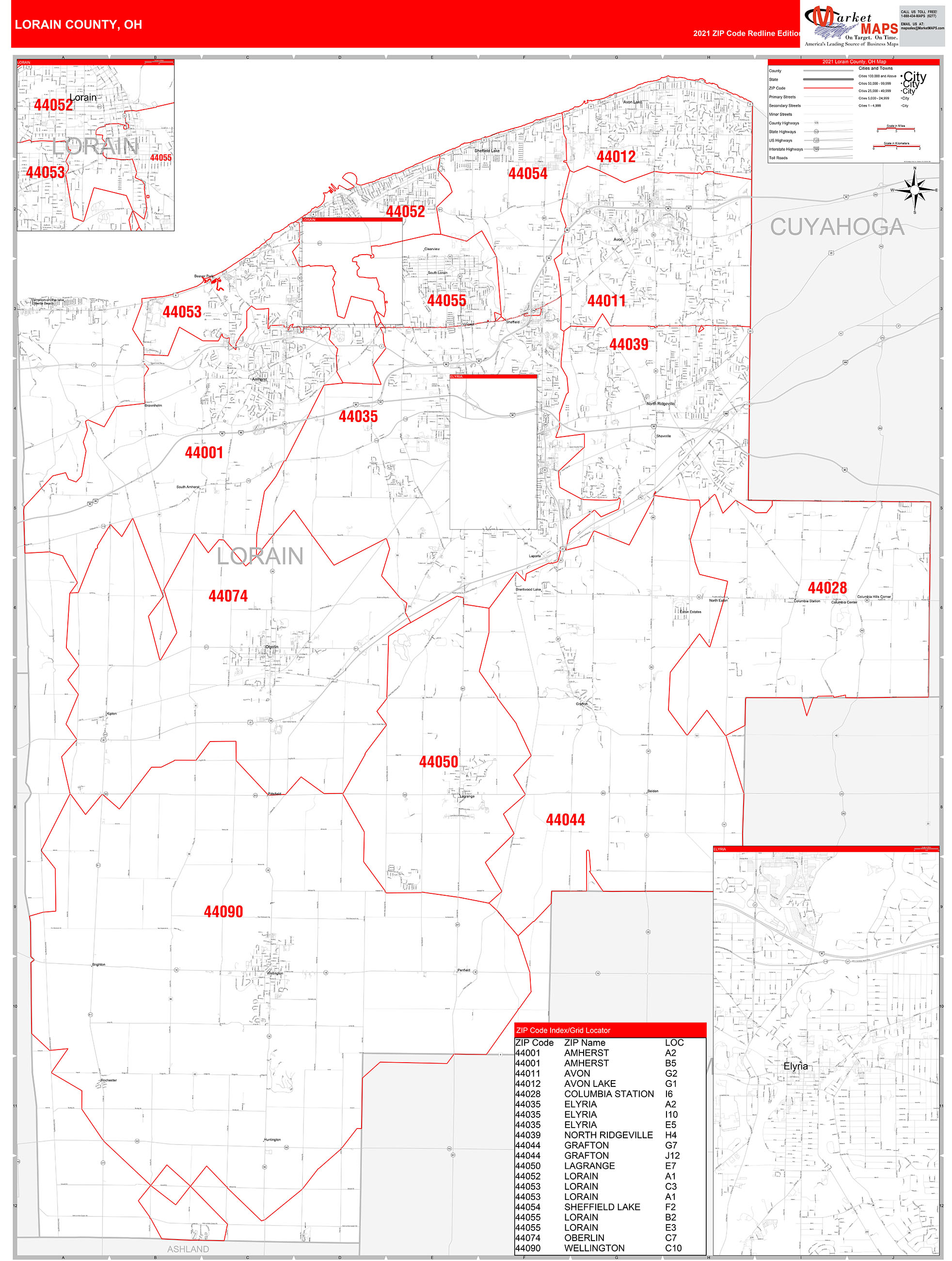 Lorain County Oh Zip Code Wall Map Red Line Style By Marketmaps Mapsales