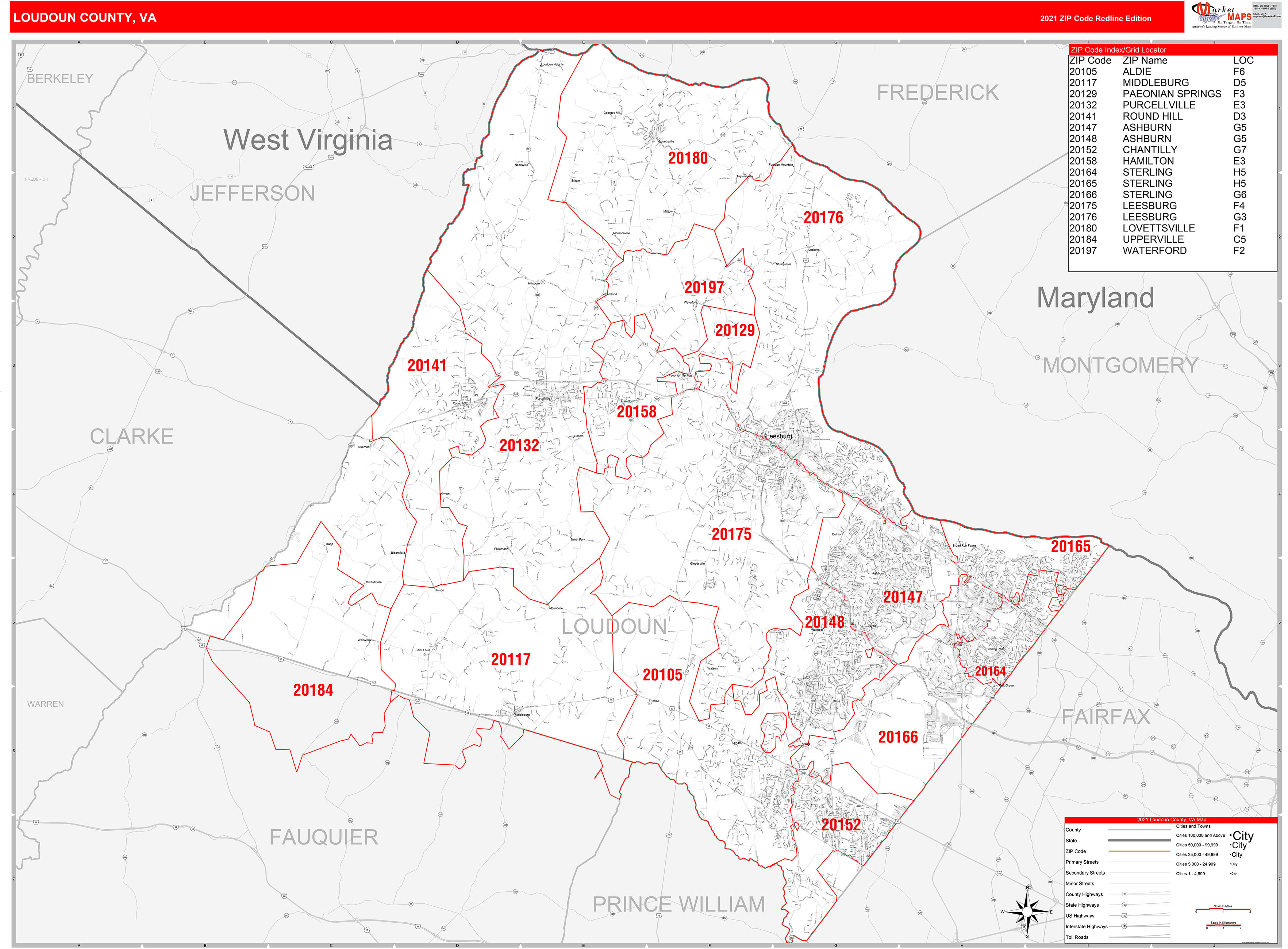 Loudoun County, VA Zip Code Wall Map Red Line Style by MarketMAPS ...