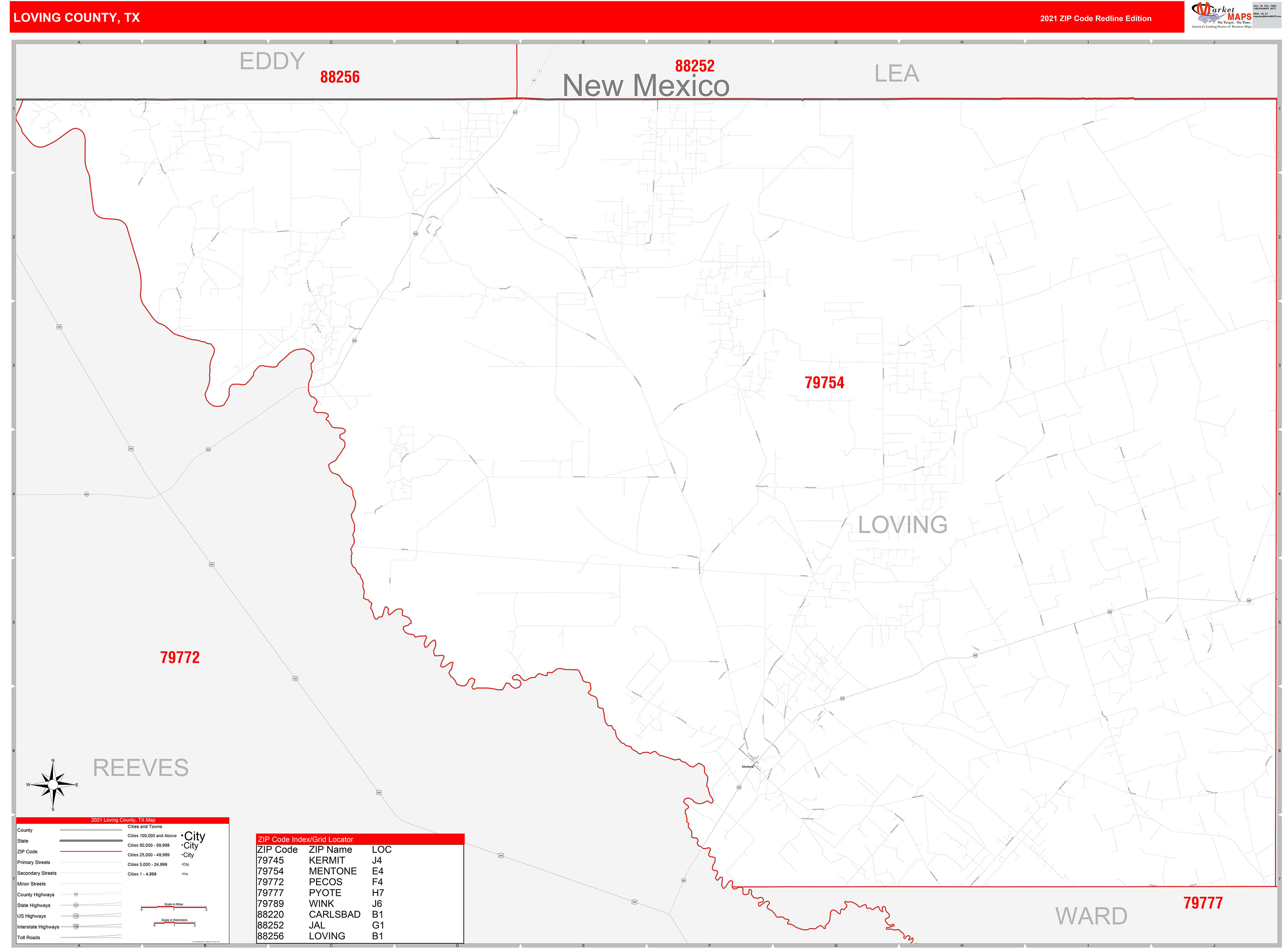 Loving County, TX Zip Code Wall Map Red Line Style by MarketMAPS - MapSales