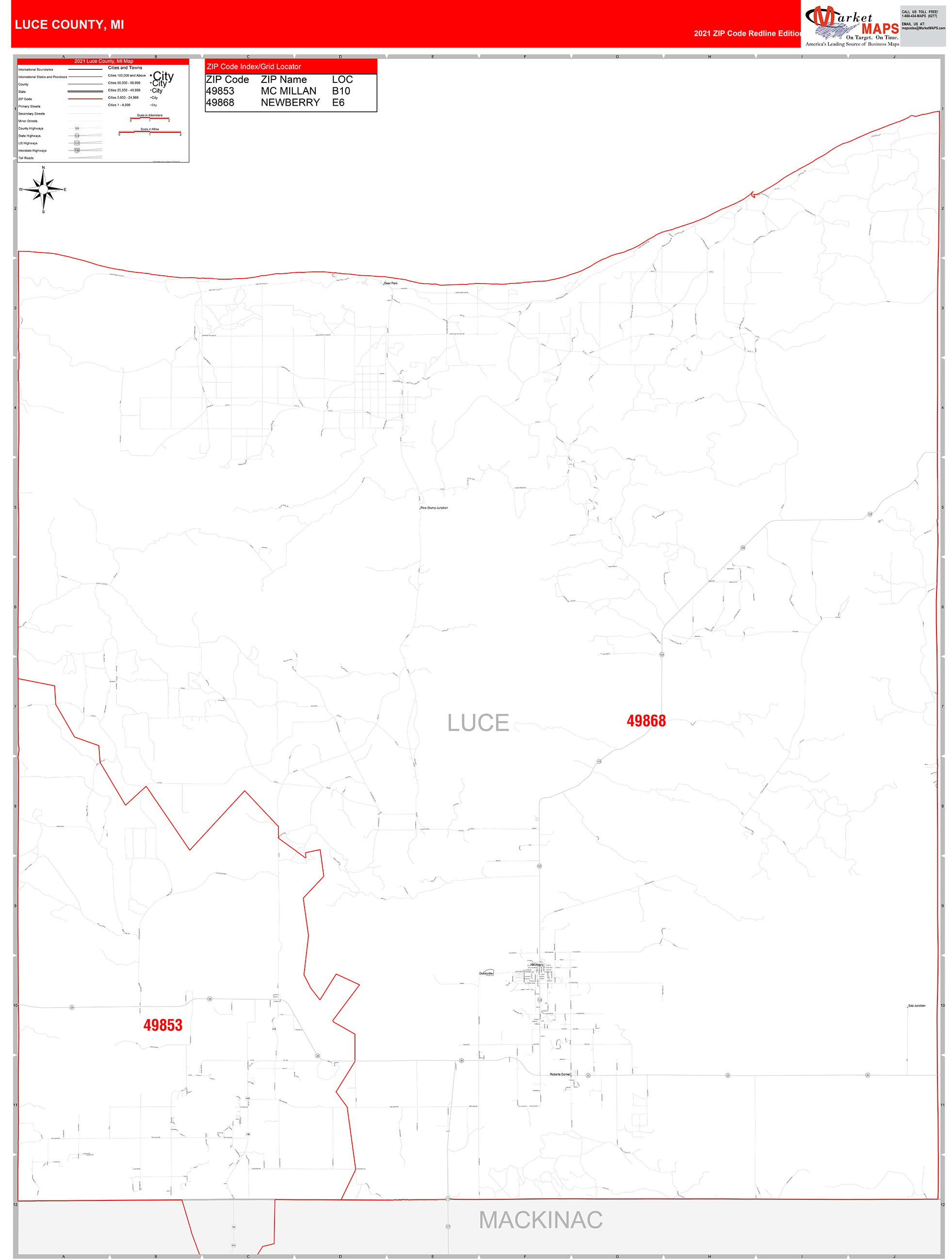 Luce County, MI Zip Code Wall Map Red Line Style by MarketMAPS