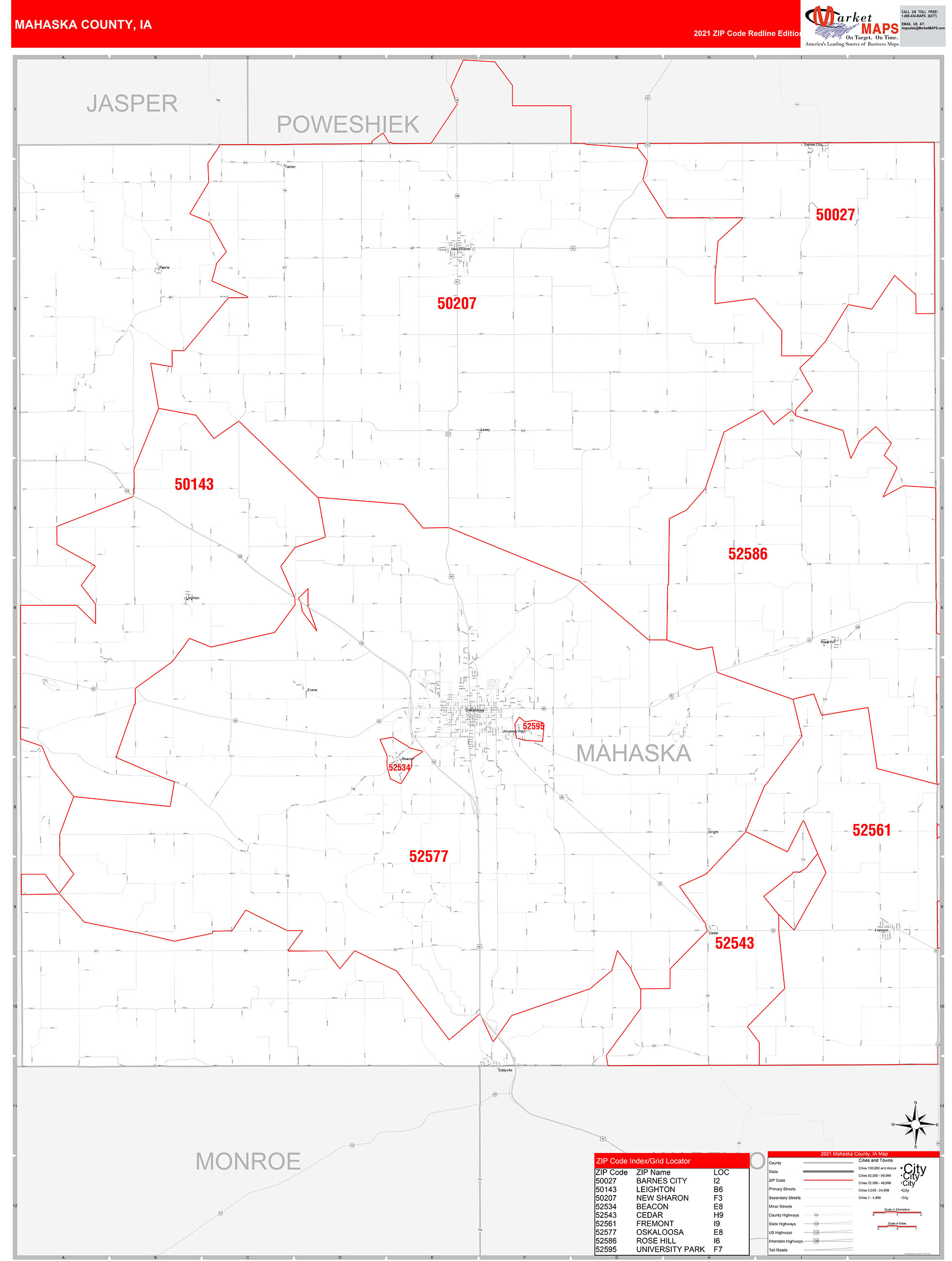 Mahaska County, IA Zip Code Wall Map Red Line Style by MarketMAPS ...
