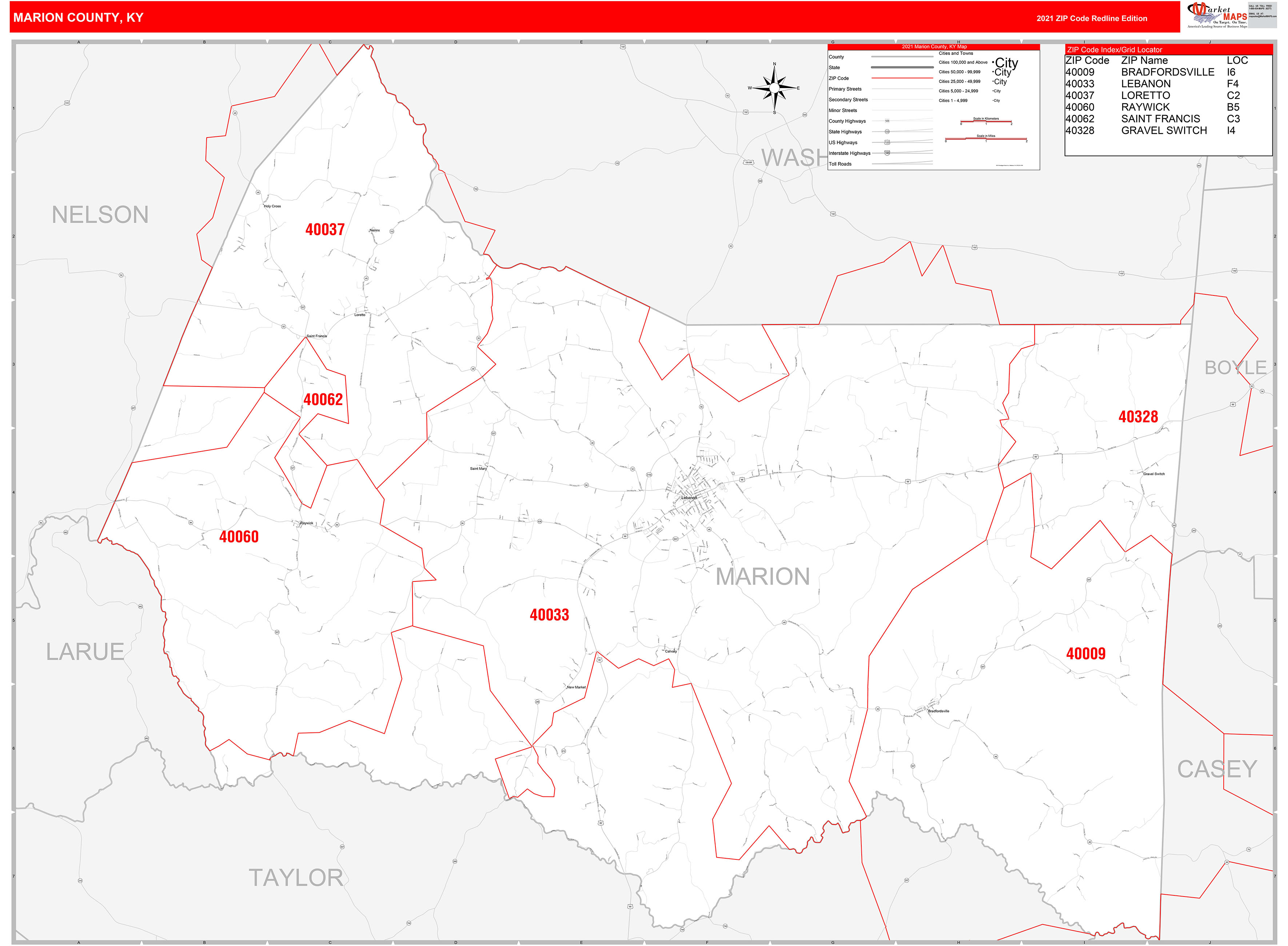 Marion County, KY Zip Code Wall Map Red Line Style by MarketMAPS - MapSales