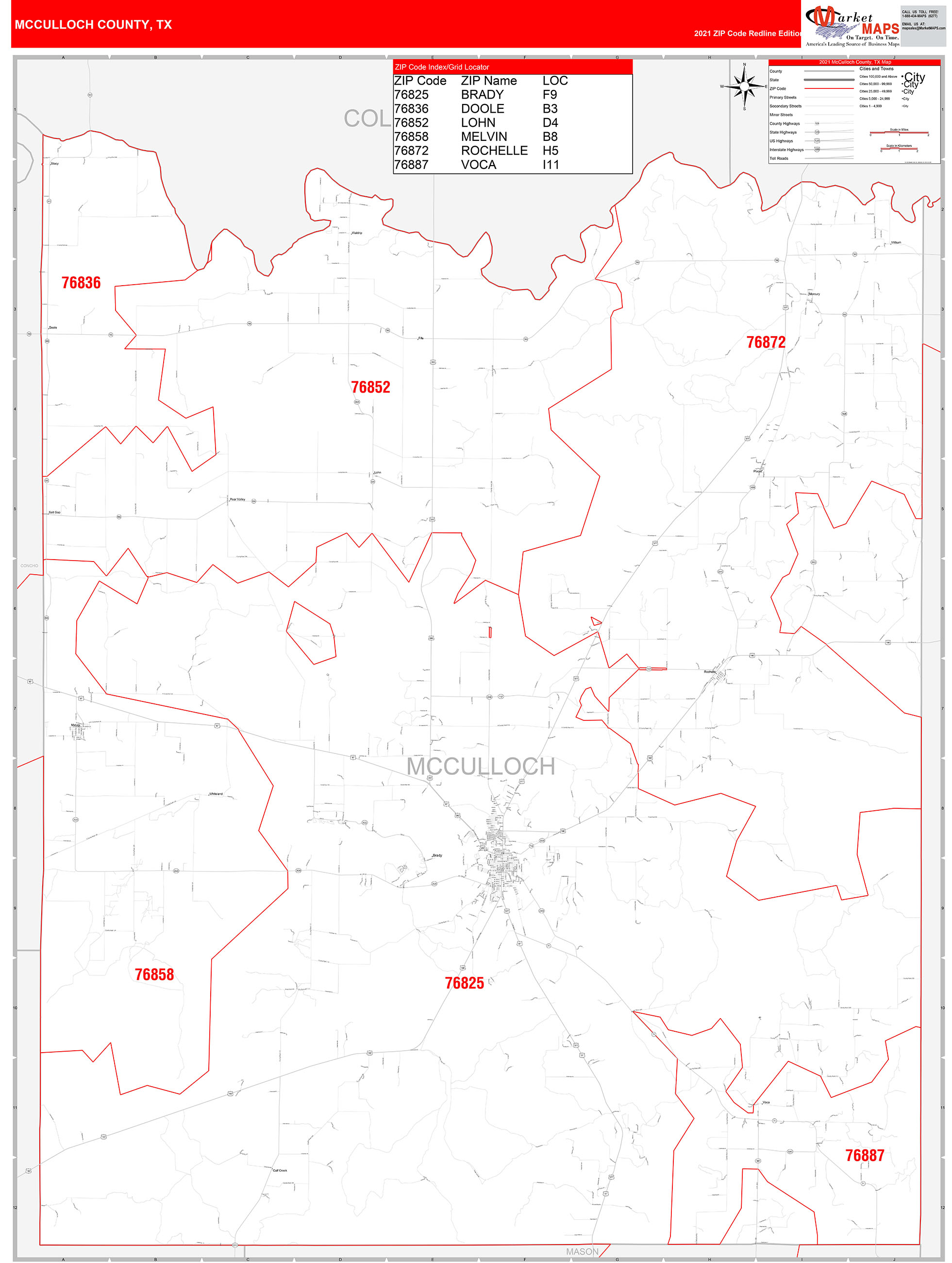 McCulloch County, TX Zip Code Wall Map Red Line Style by MarketMAPS ...