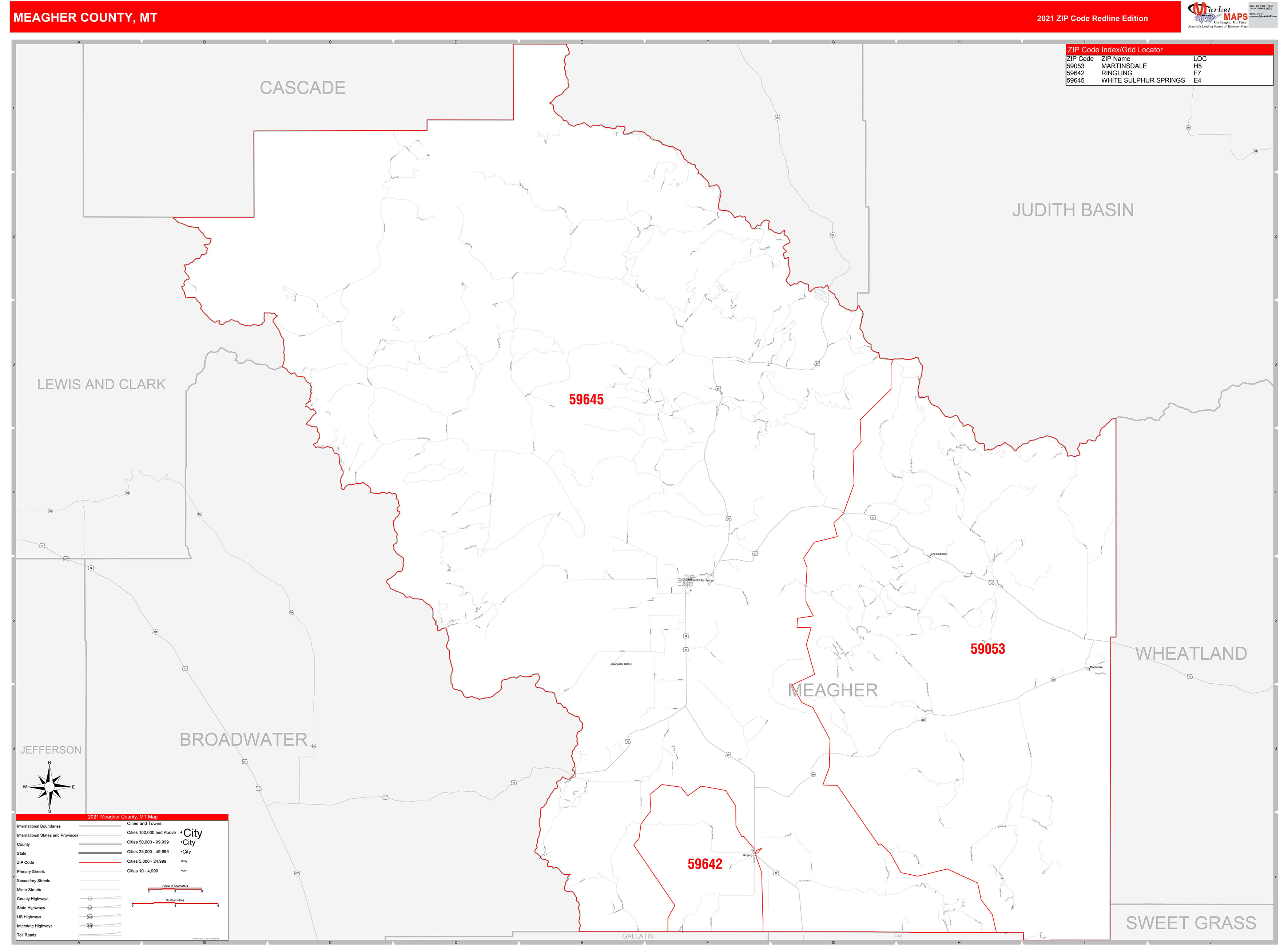 Meagher County, MT Zip Code Wall Map Red Line Style by MarketMAPS ...