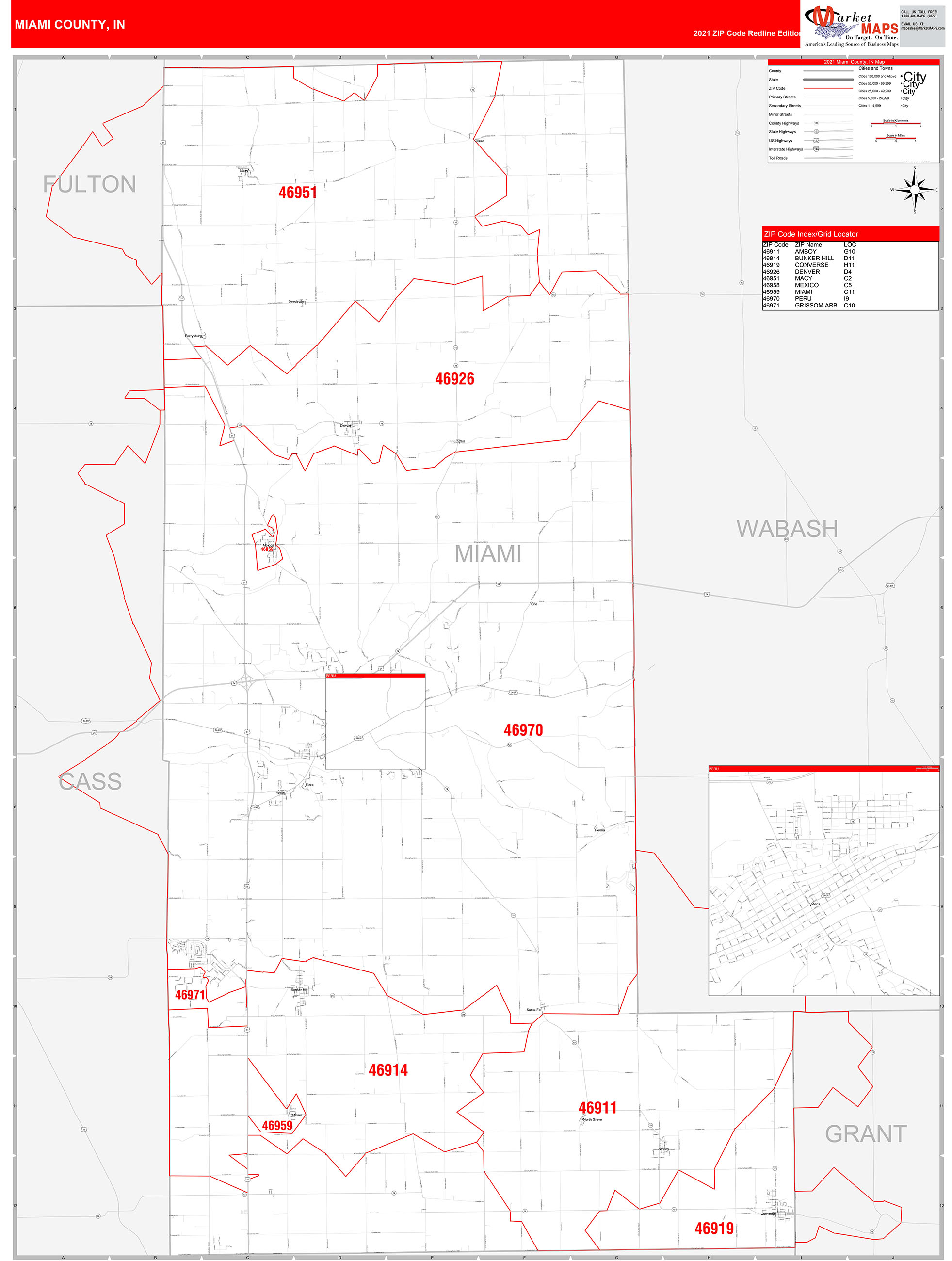 Miami County, IN Zip Code Wall Map Red Line Style by MarketMAPS ...