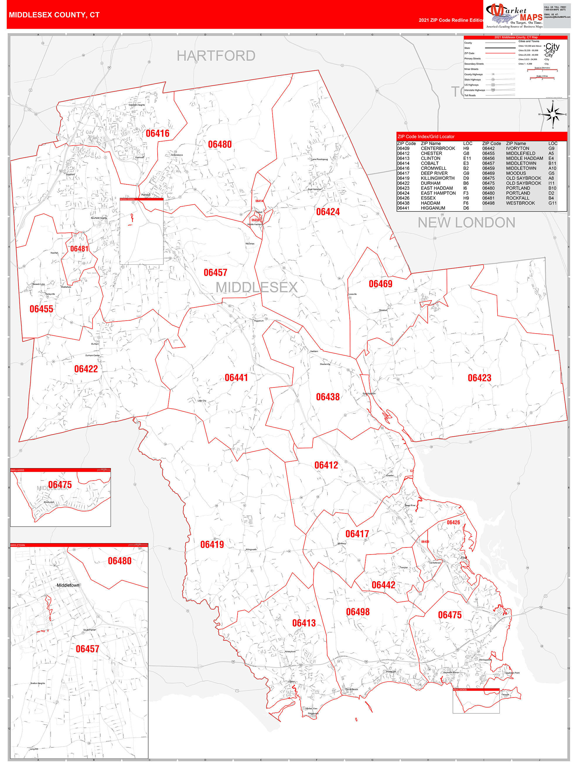 Middlesex County Ct Zip Code Wall Map Red Line Style By Marketmaps