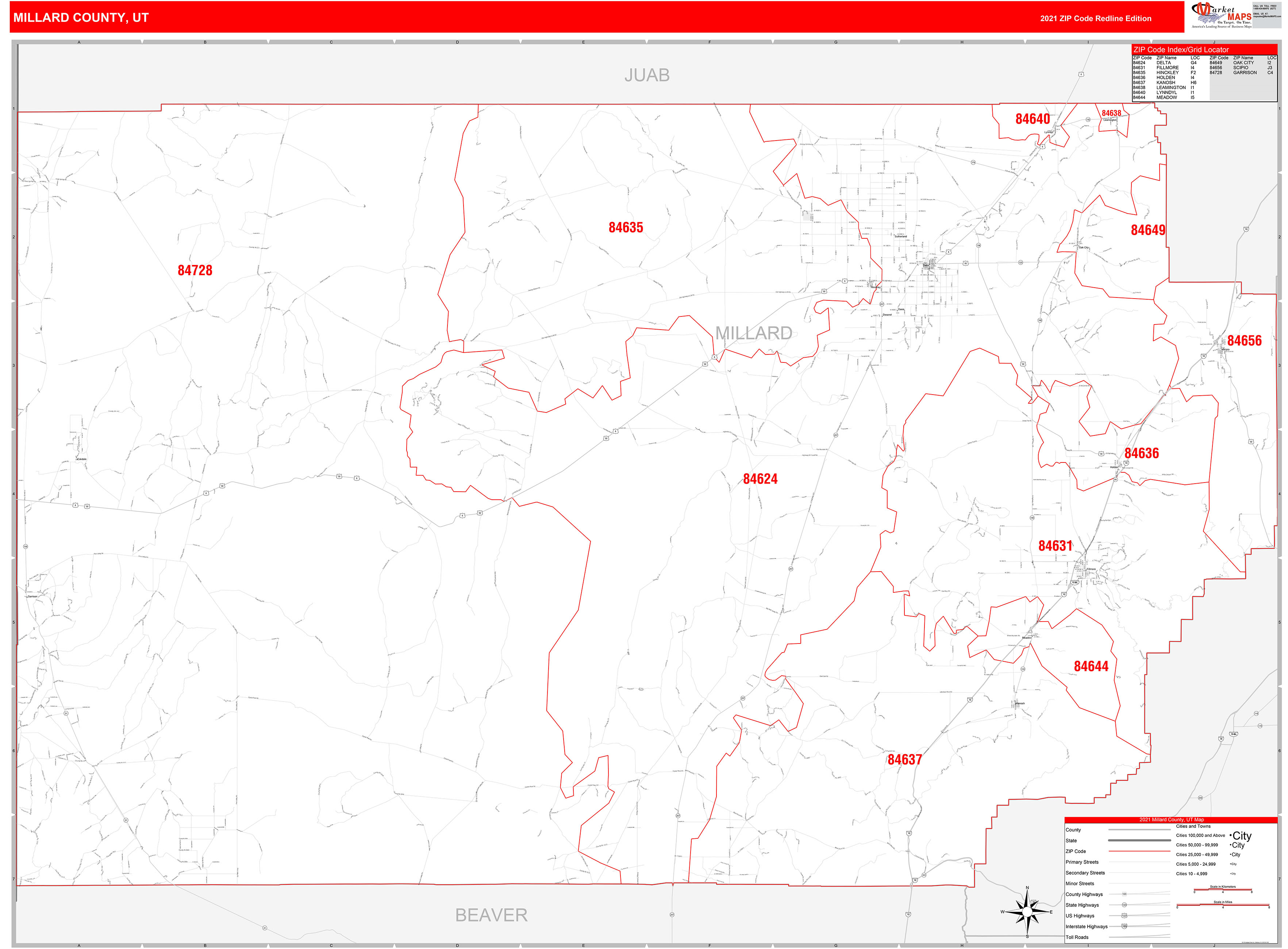 Millard County, UT Zip Code Wall Map Red Line Style by MarketMAPS ...