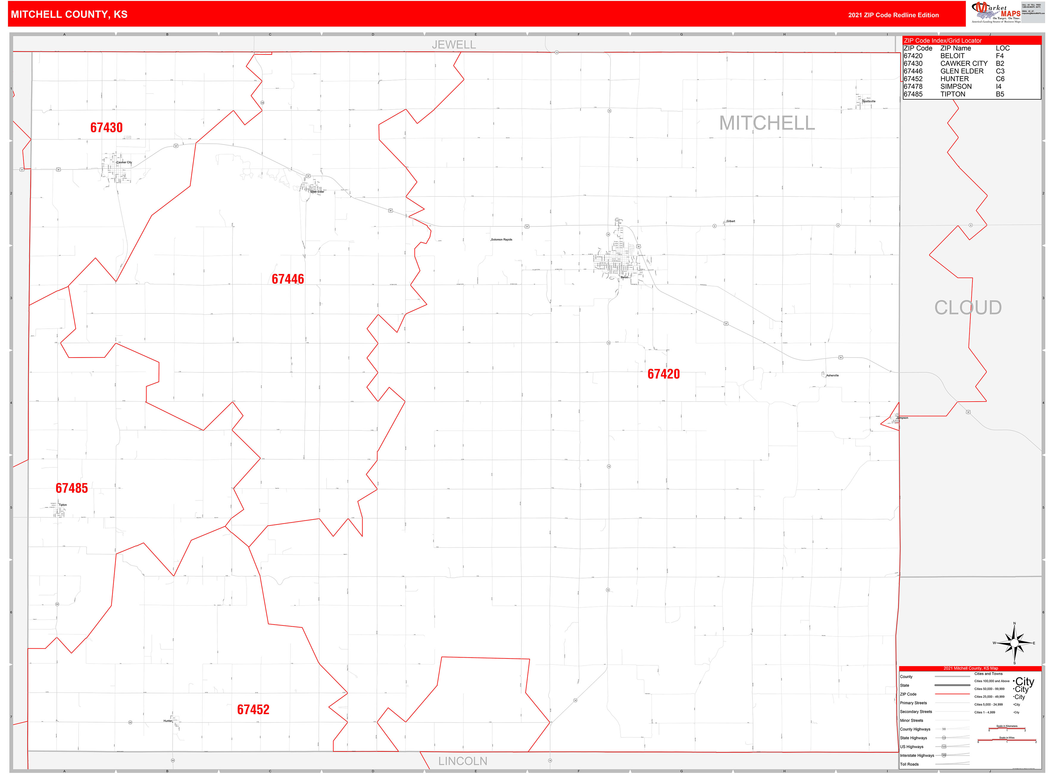 Mitchell County, KS Zip Code Wall Map Red Line Style by MarketMAPS ...