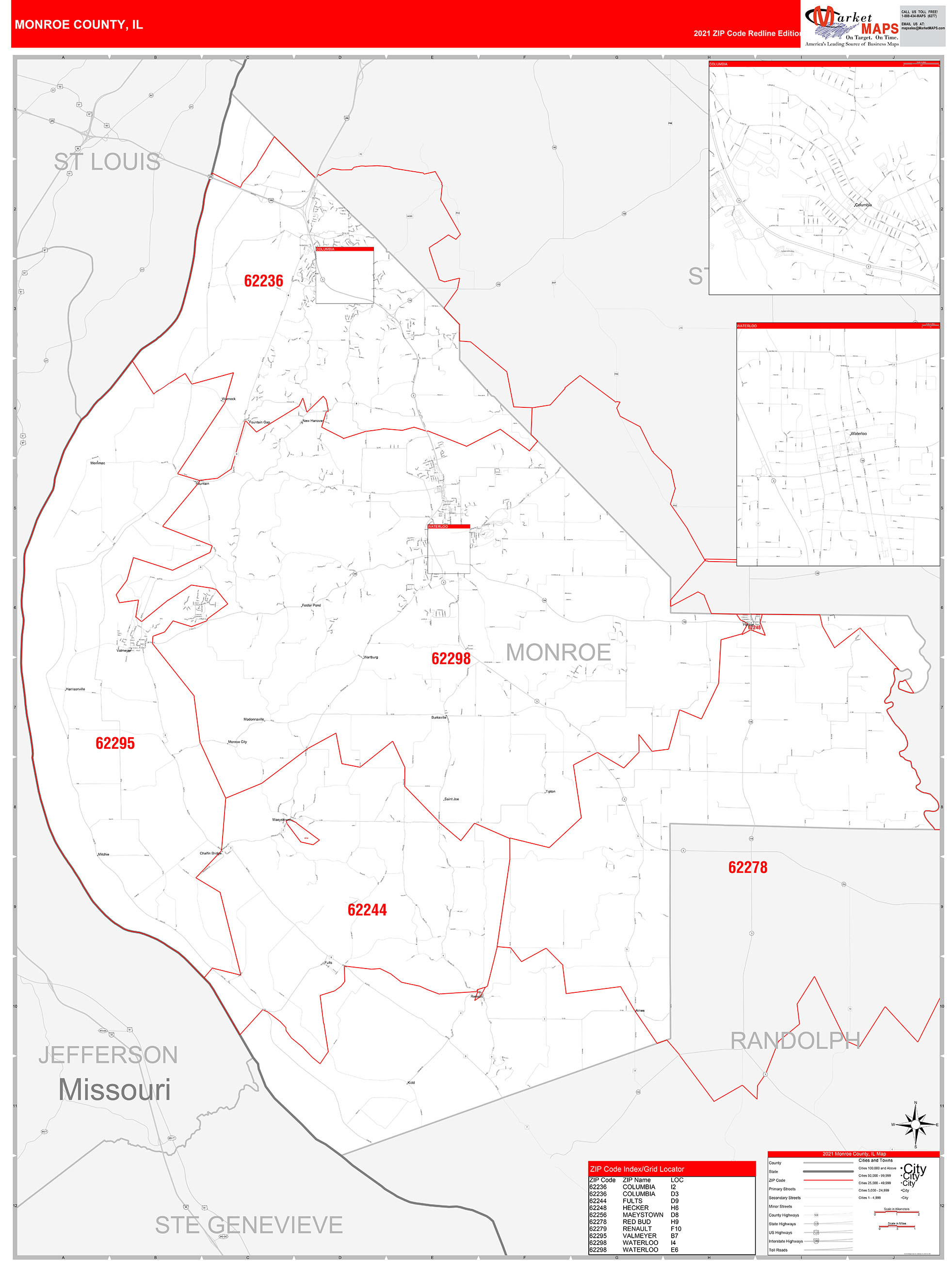 Monroe County, IL Zip Code Wall Map Red Line Style by MarketMAPS - MapSales