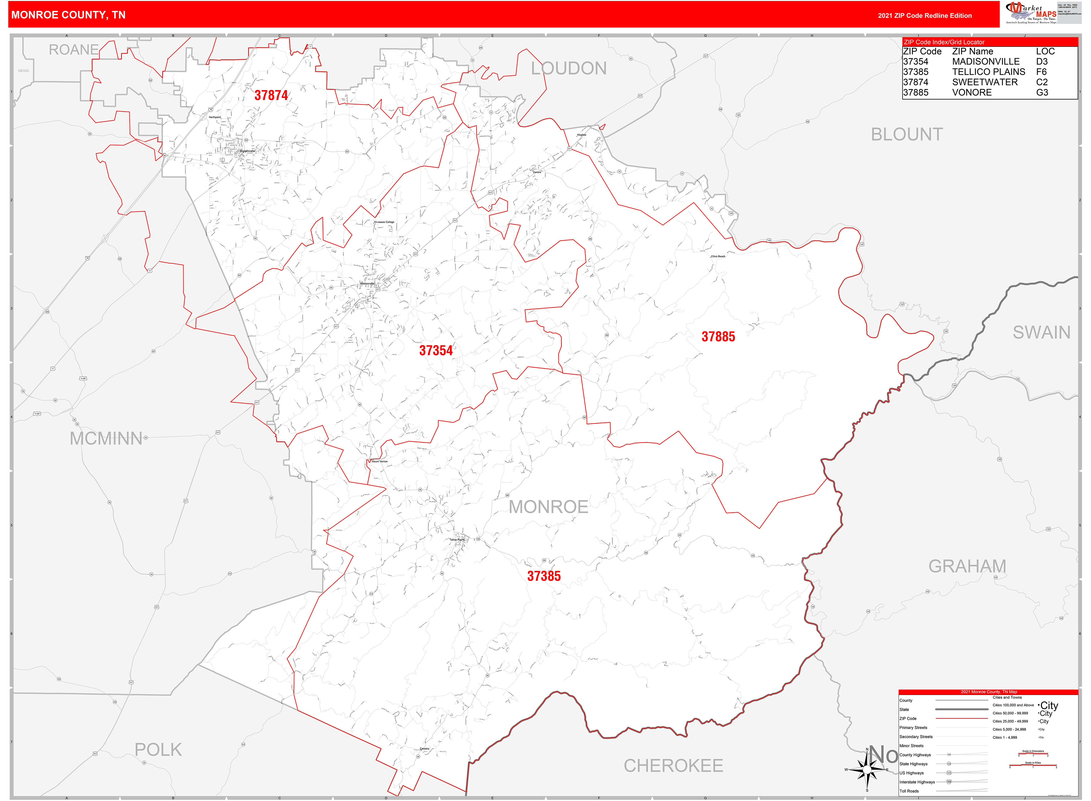 Monroe County, TN Zip Code Wall Map Red Line Style by MarketMAPS - MapSales