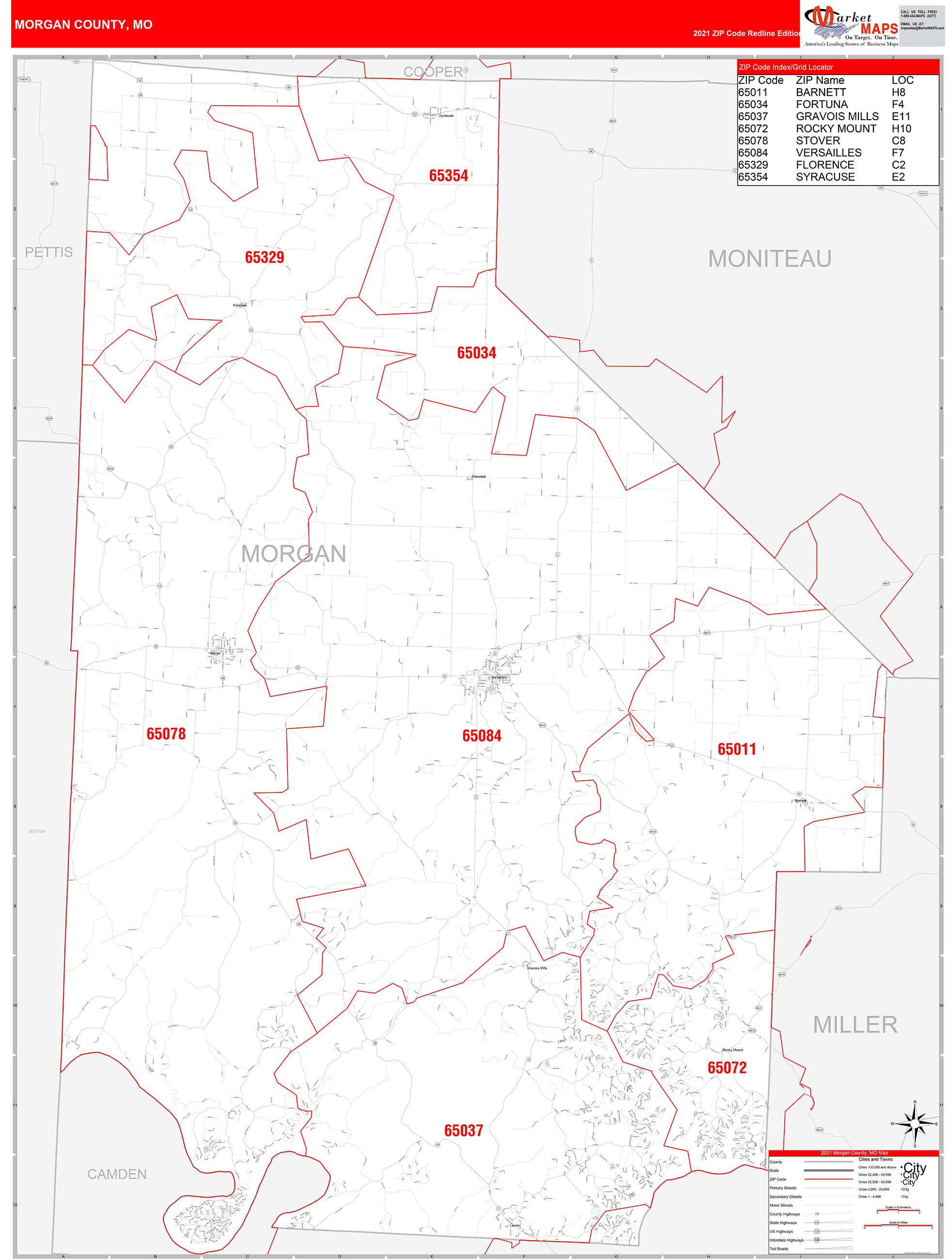 Morgan County, MO Zip Code Wall Map Red Line Style by MarketMAPS