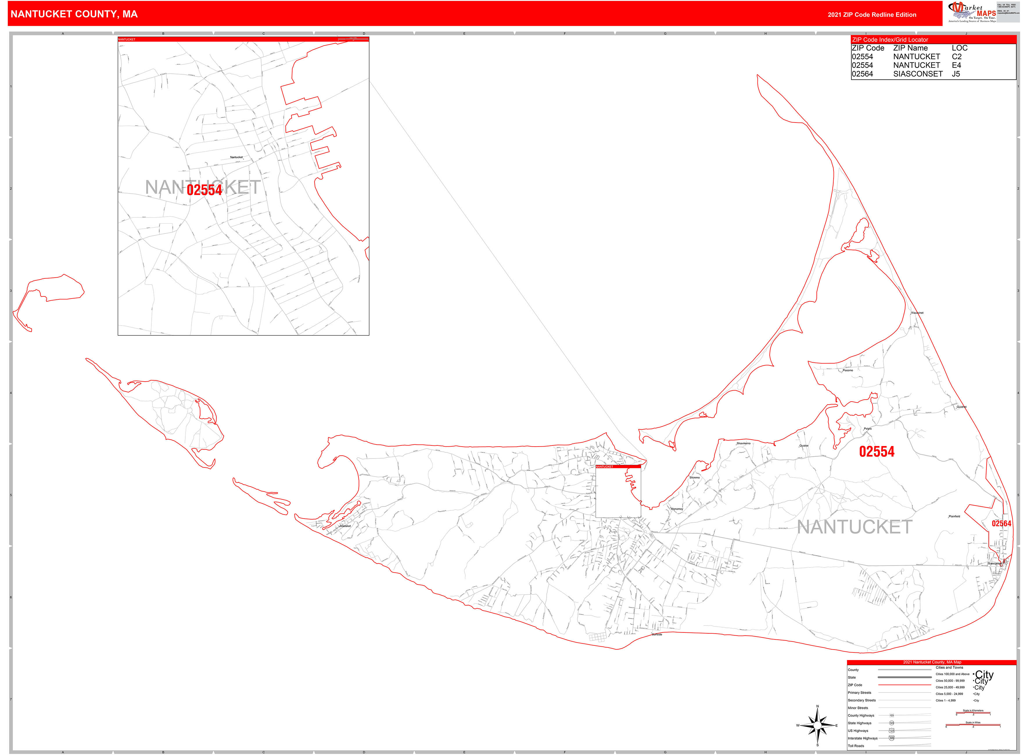 Nantucket County, MA Zip Code Wall Map Red Line Style by MarketMAPS ...