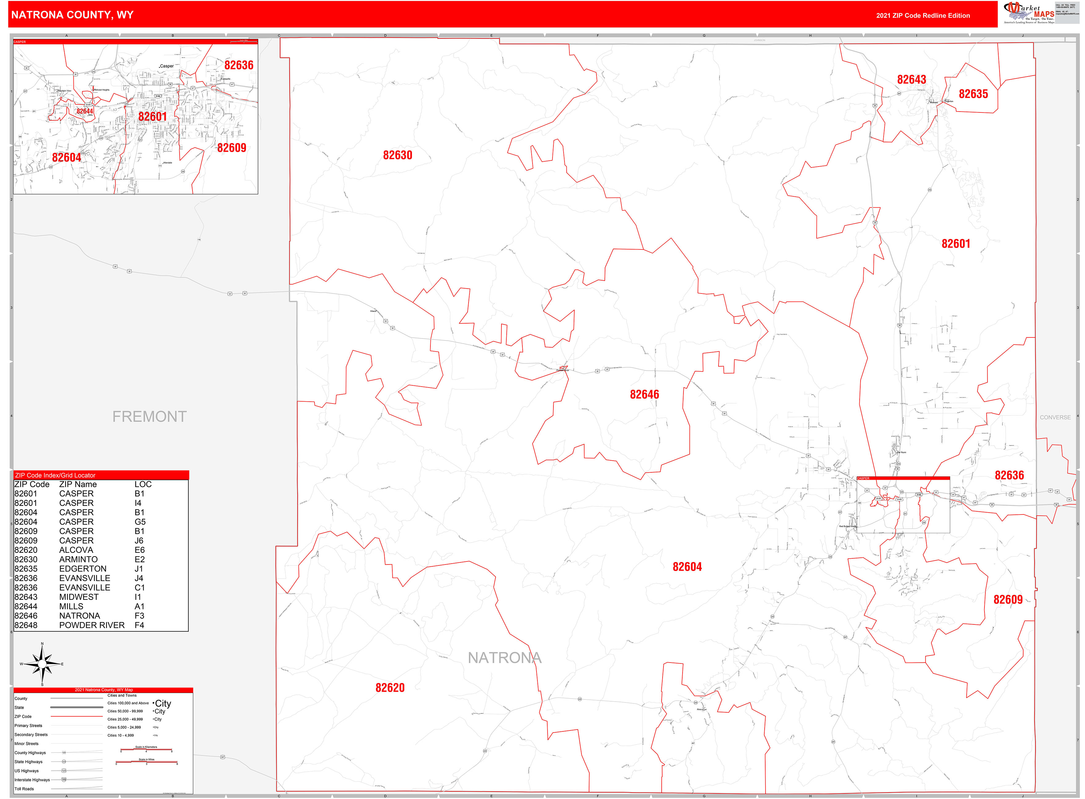 Natrona County, WY Zip Code Wall Map Red Line Style by MarketMAPS