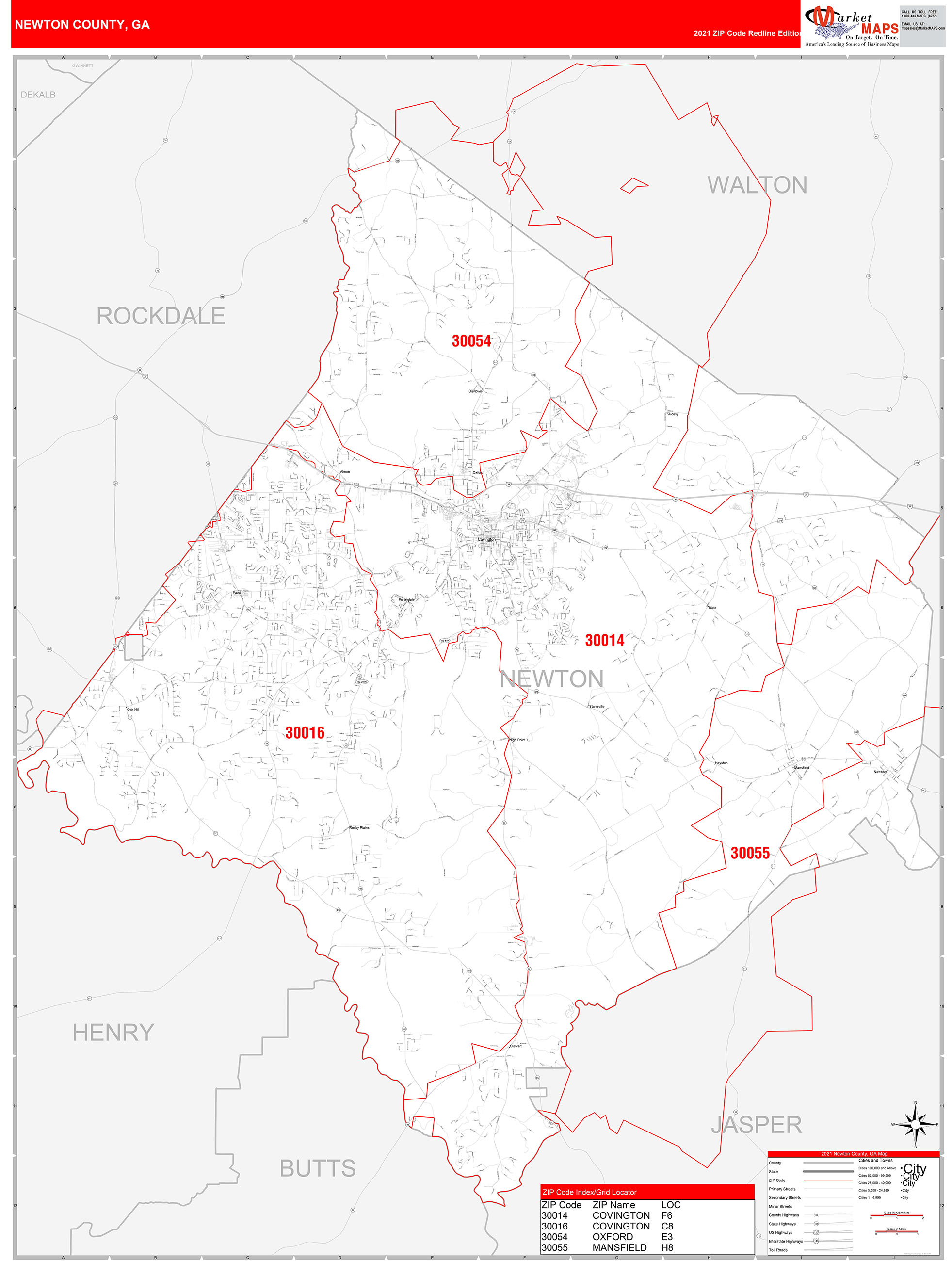 Newton County, GA Zip Code Wall Map Red Line Style by MarketMAPS