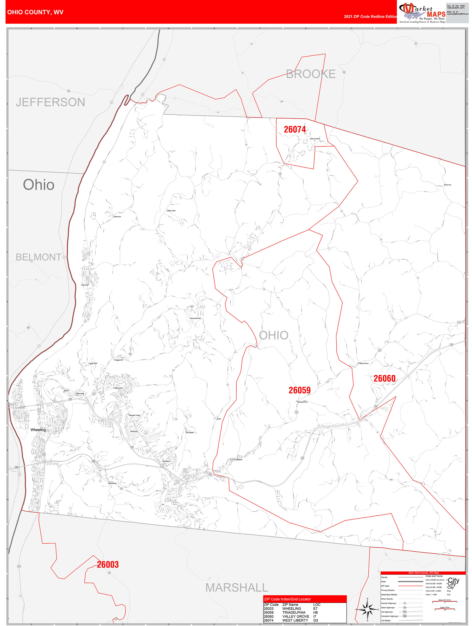 Ohio County Wv Zip Code Wall Map Red Line Style By Marketmaps Mapsales