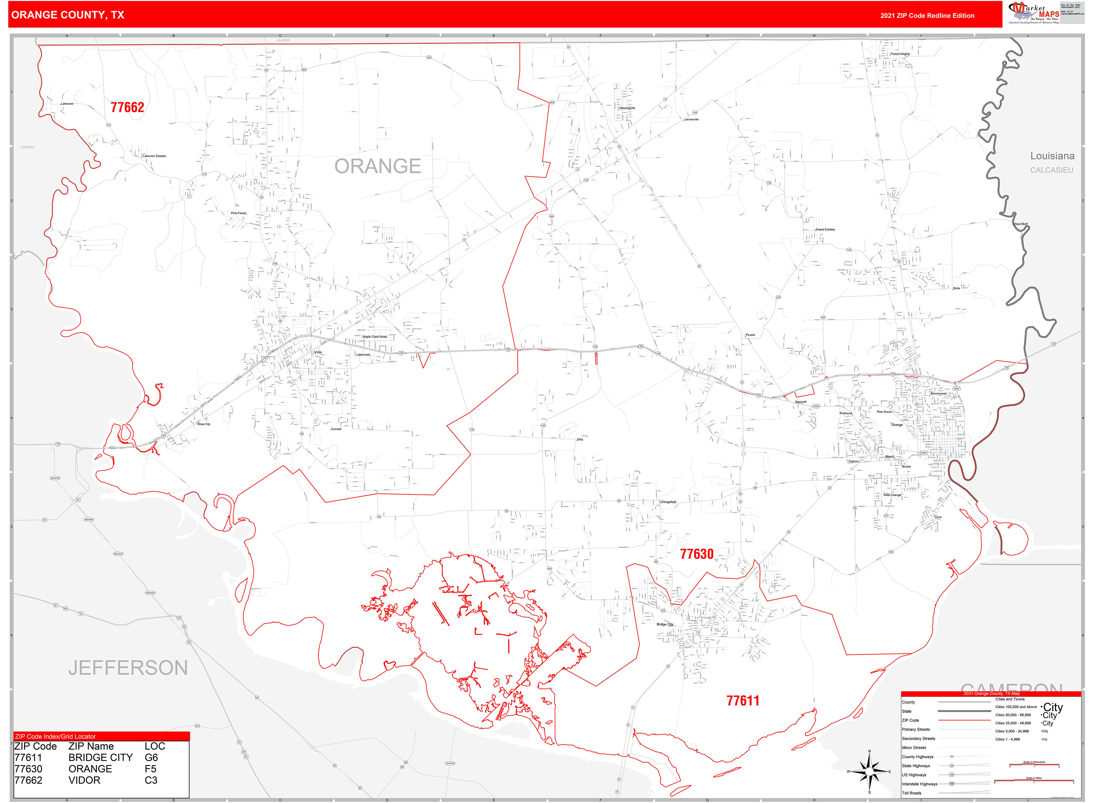 Orange County, TX Zip Code Wall Map Red Line Style by MarketMAPS - MapSales