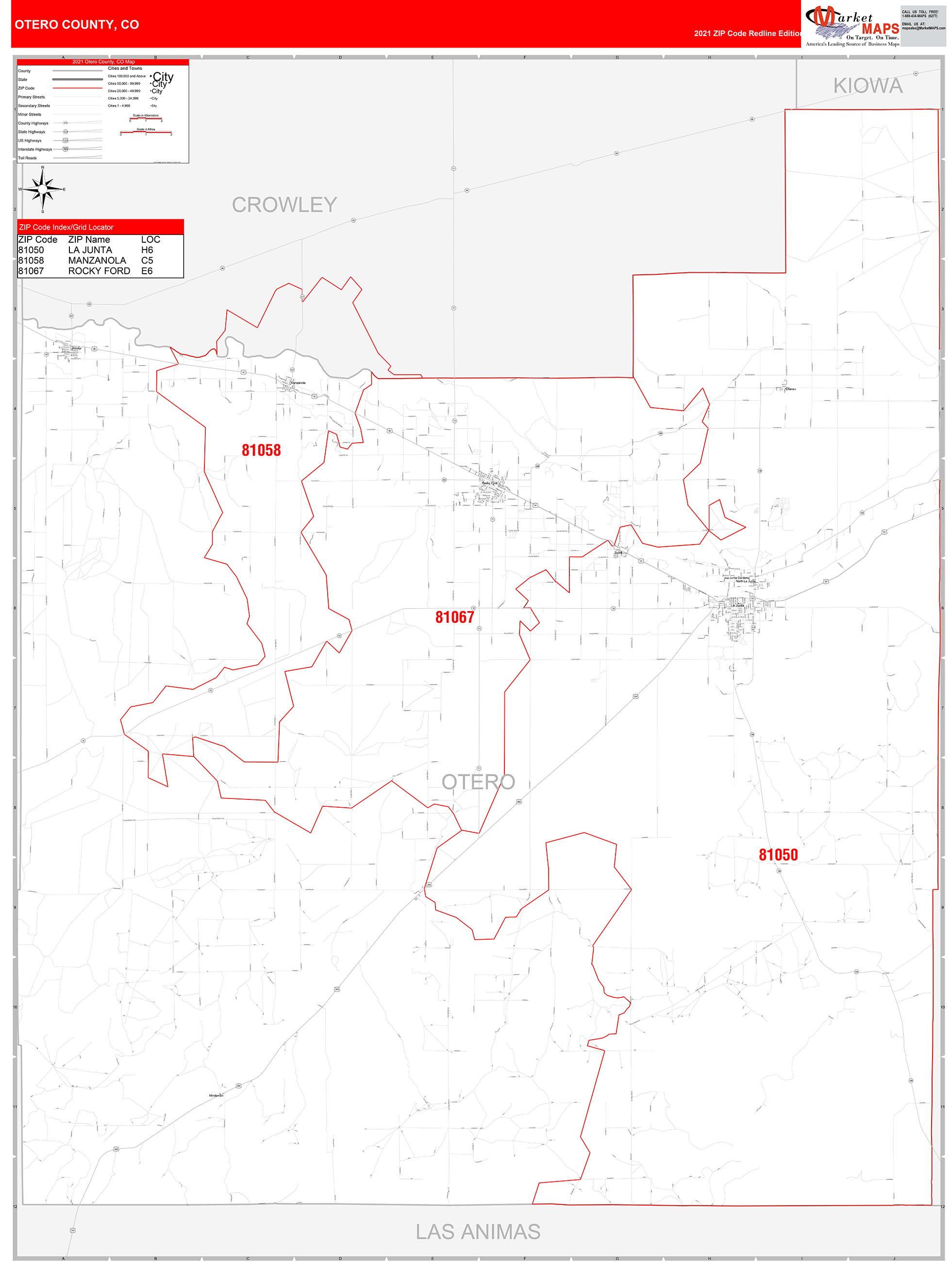 Otero County, CO Zip Code Wall Map Red Line Style by MarketMAPS - MapSales