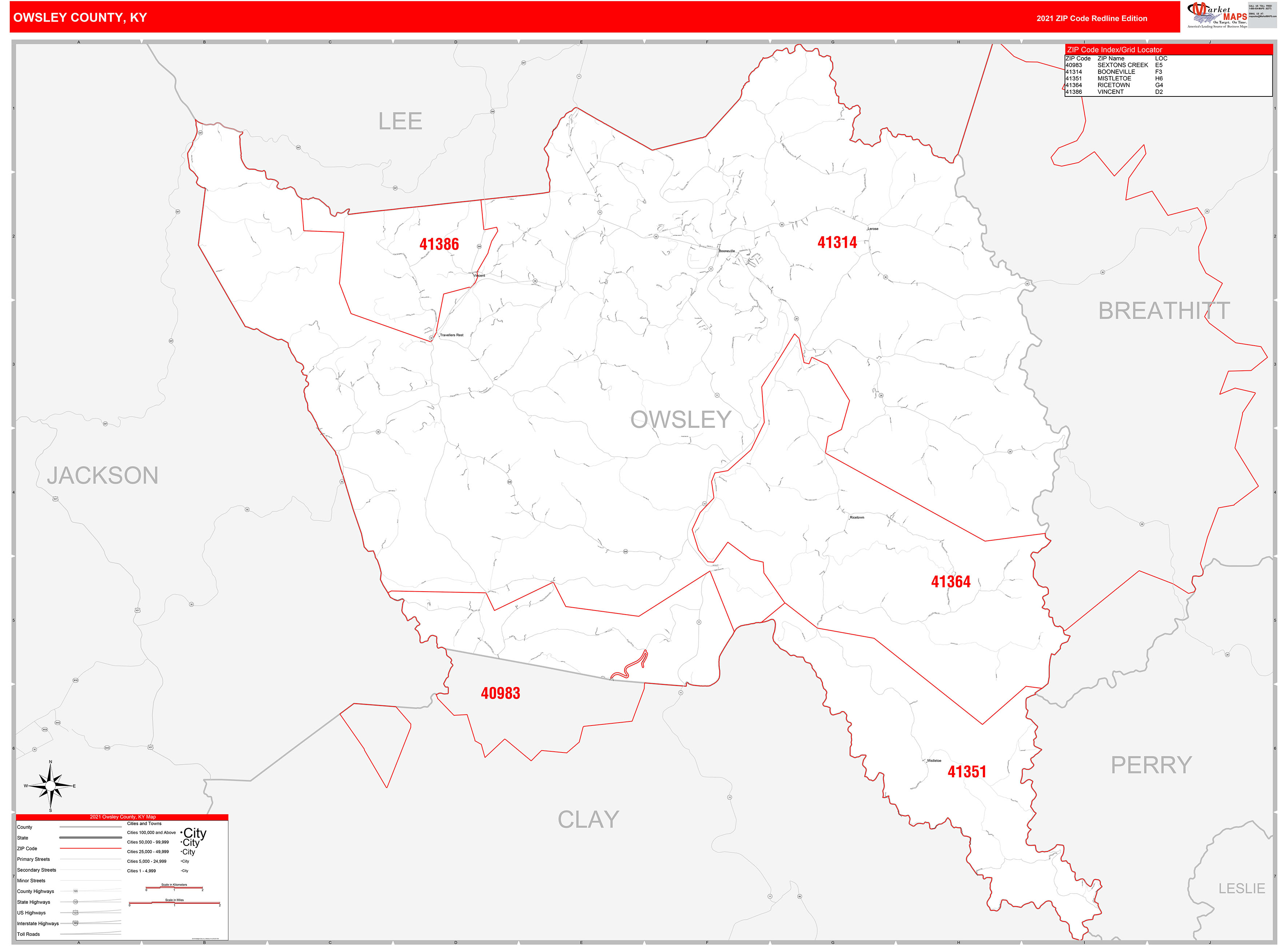 Owsley County, KY Zip Code Wall Map Red Line Style by MarketMAPS - MapSales