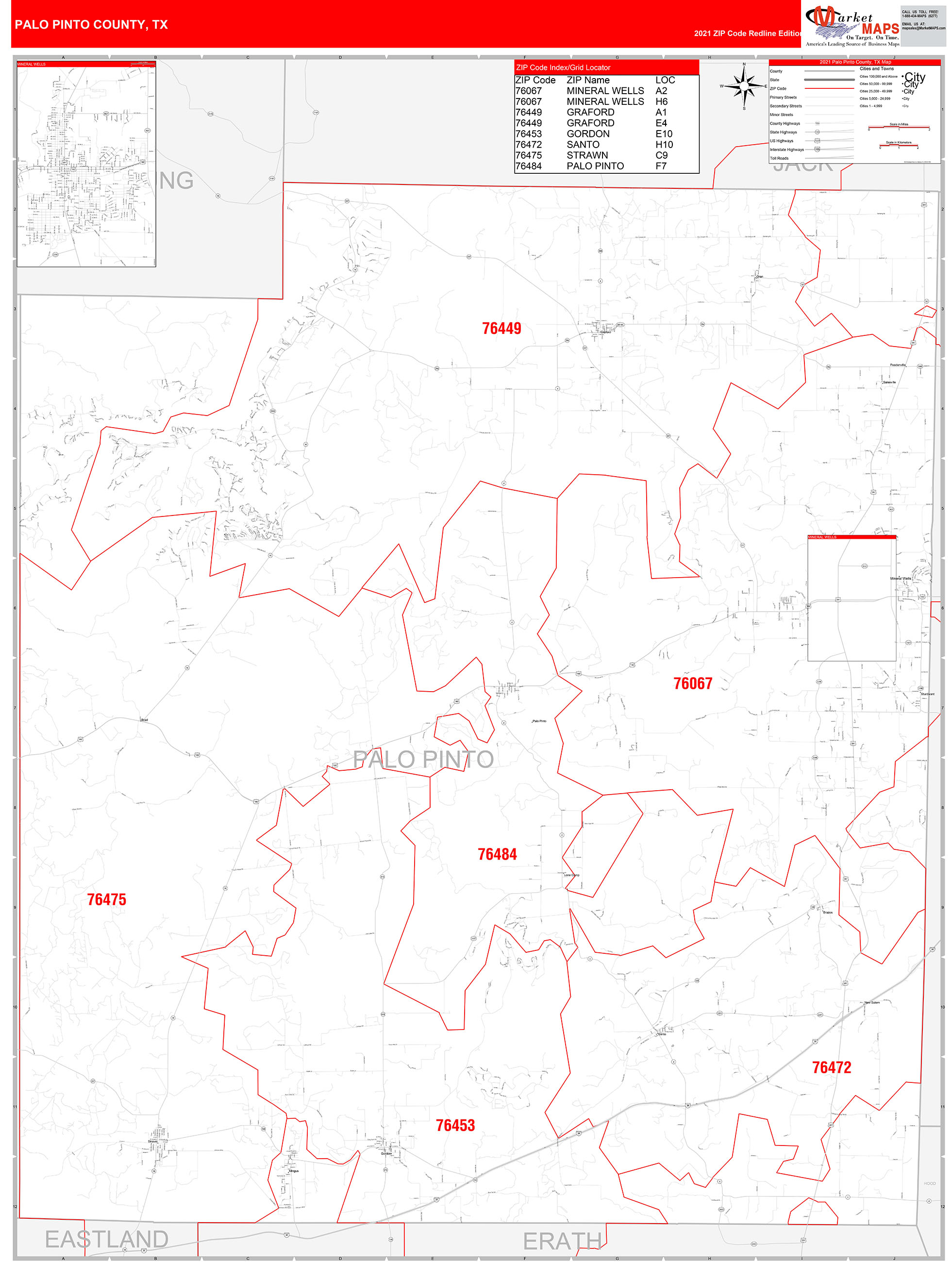 Palo Pinto County, TX Zip Code Wall Map Red Line Style by MarketMAPS ...