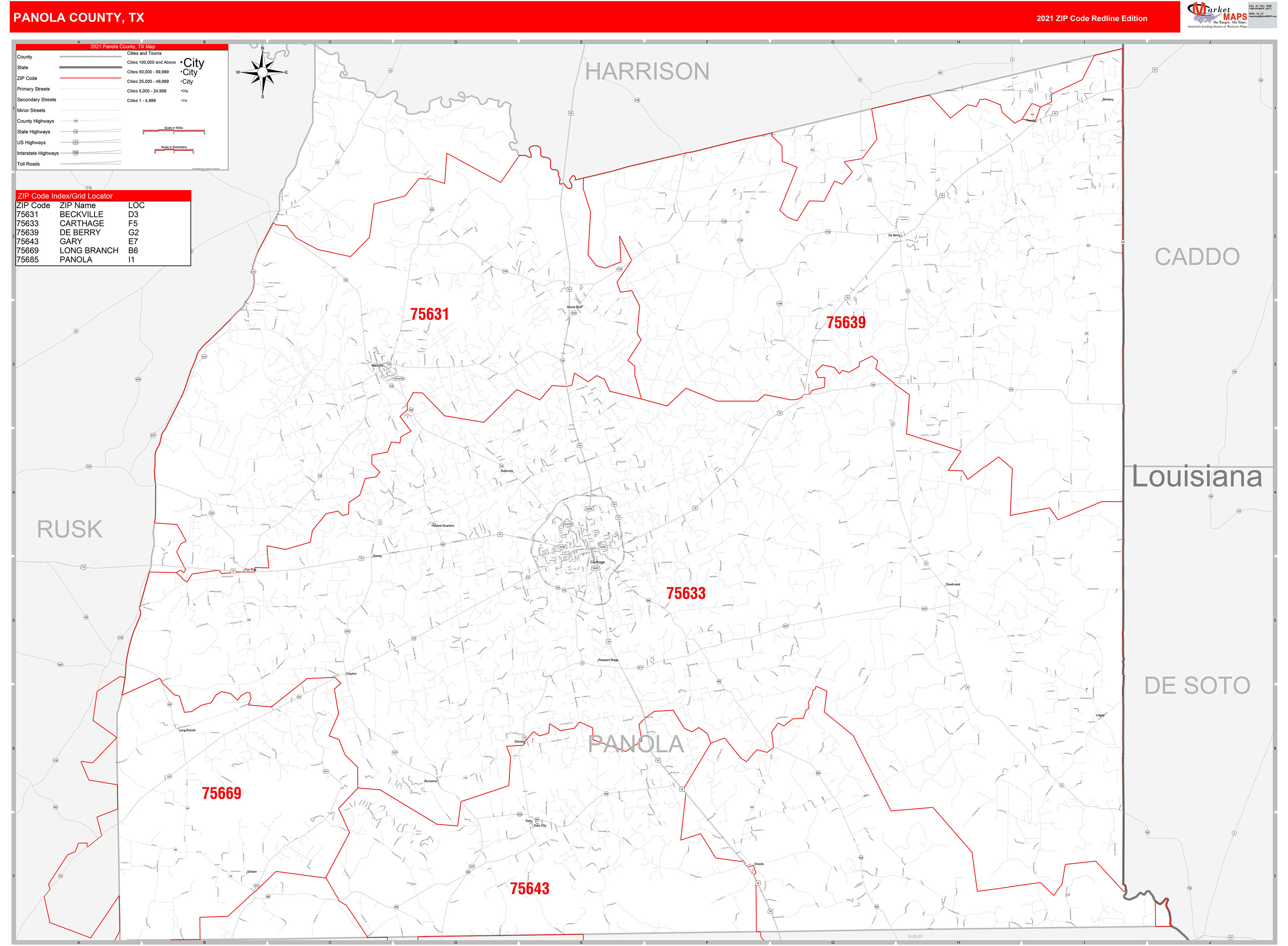 Panola County, TX Zip Code Wall Map Red Line Style by MarketMAPS - MapSales