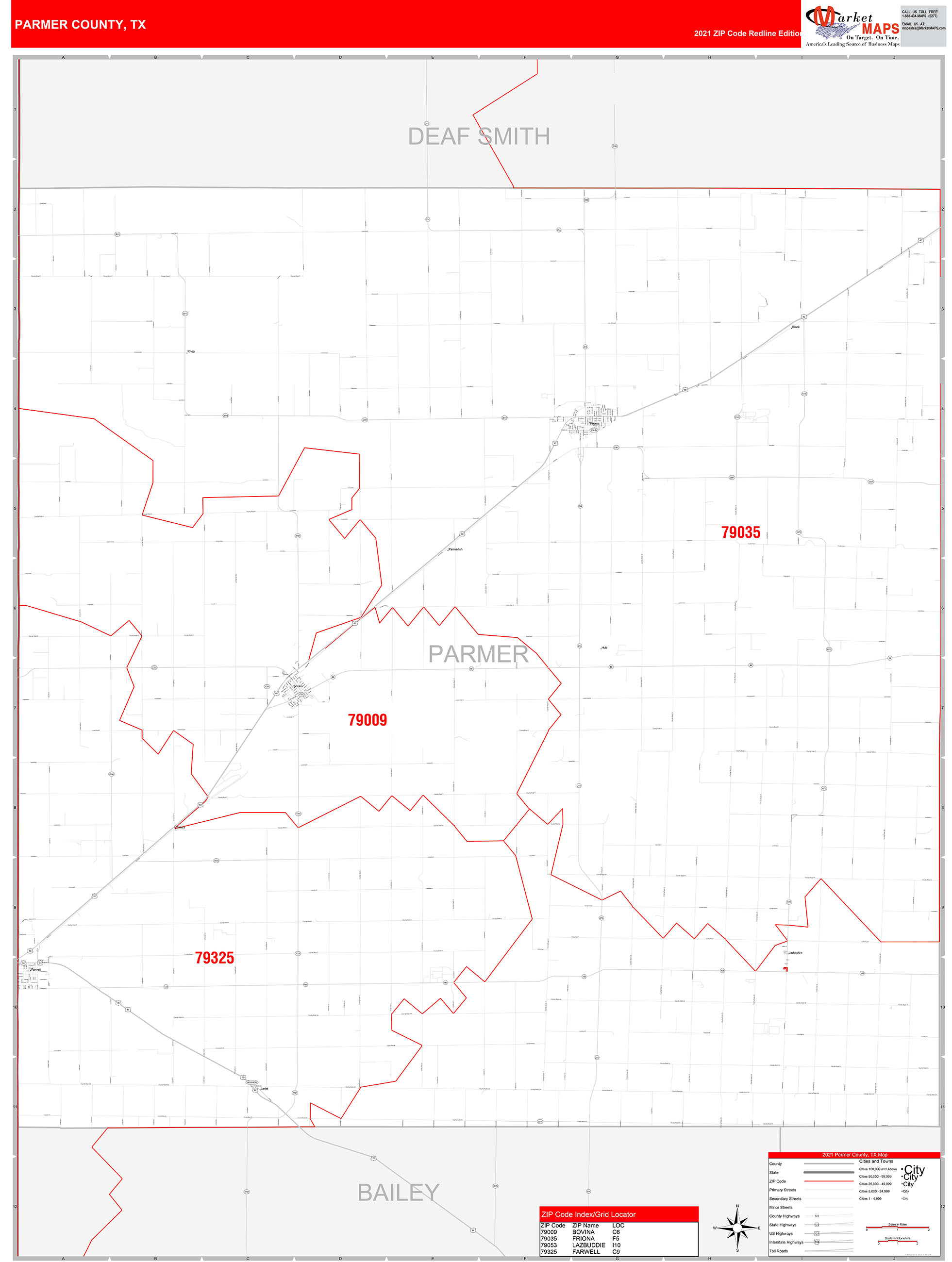 Parmer County, TX Zip Code Wall Map Red Line Style by MarketMAPS