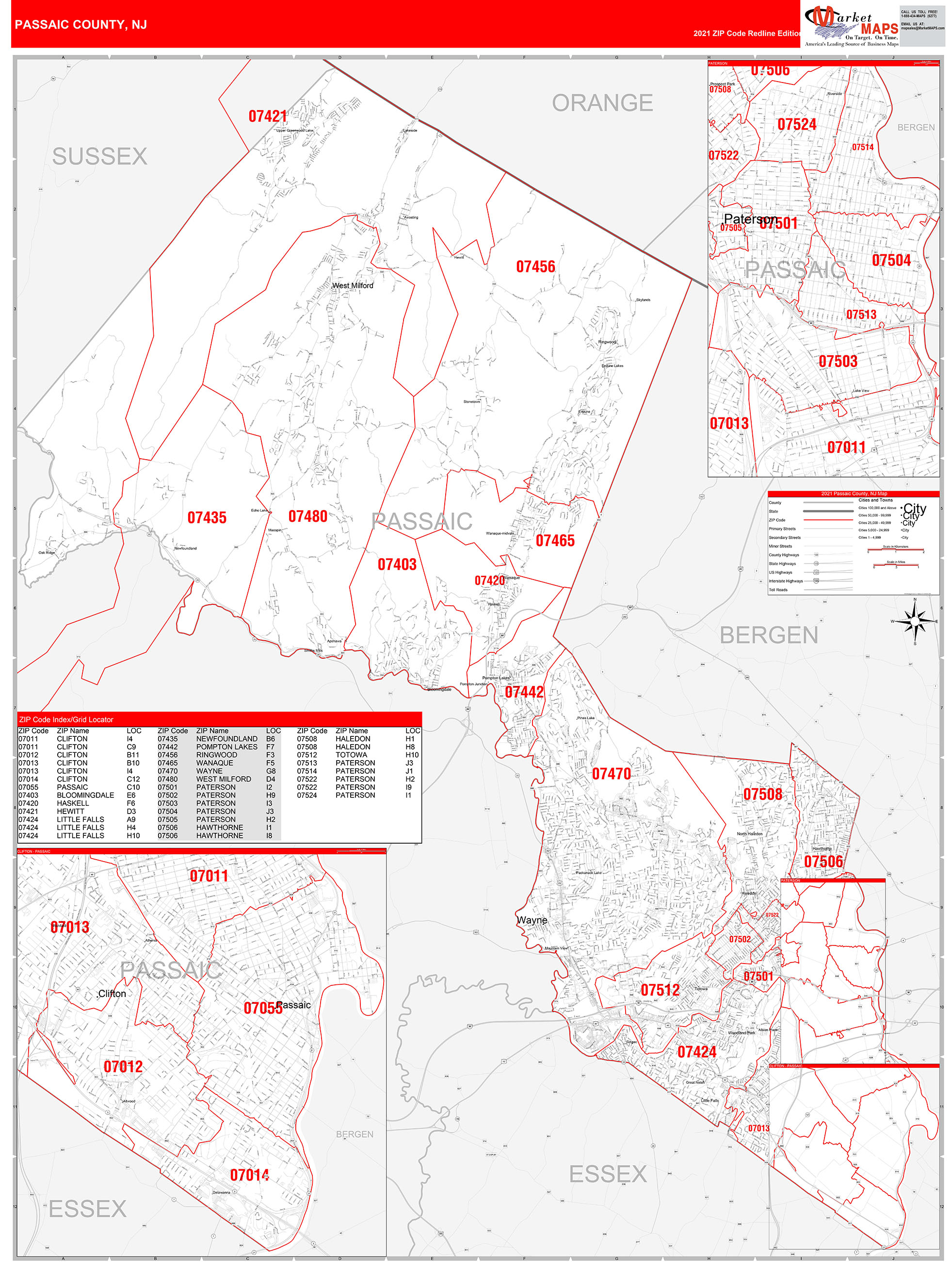 Passaic County Nj Zip Code Wall Map Red Line Style By Marketmaps Mapsales